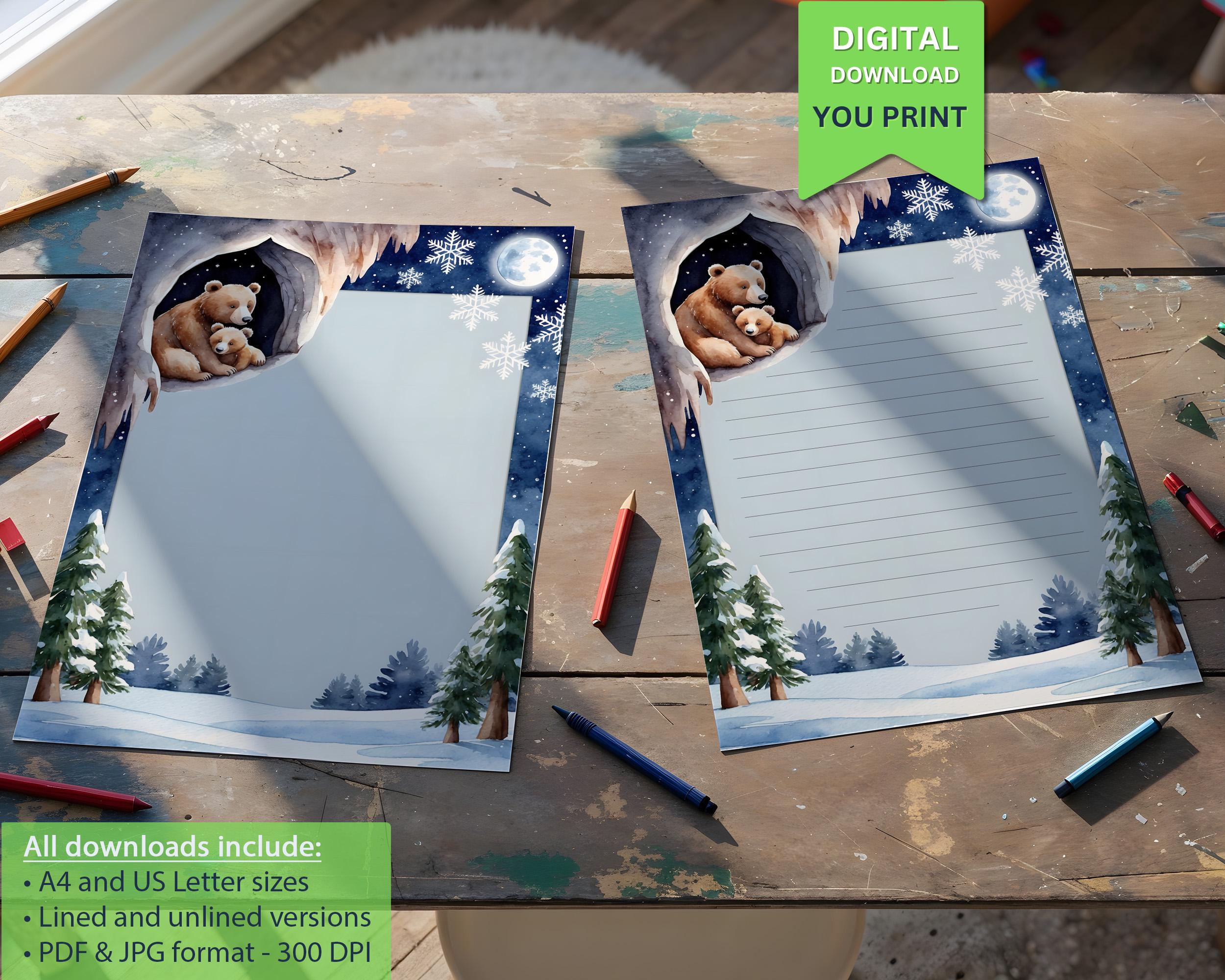 Winter Bear Writing Paper A4 US Letter Printable Stationery Cozy Forest ...