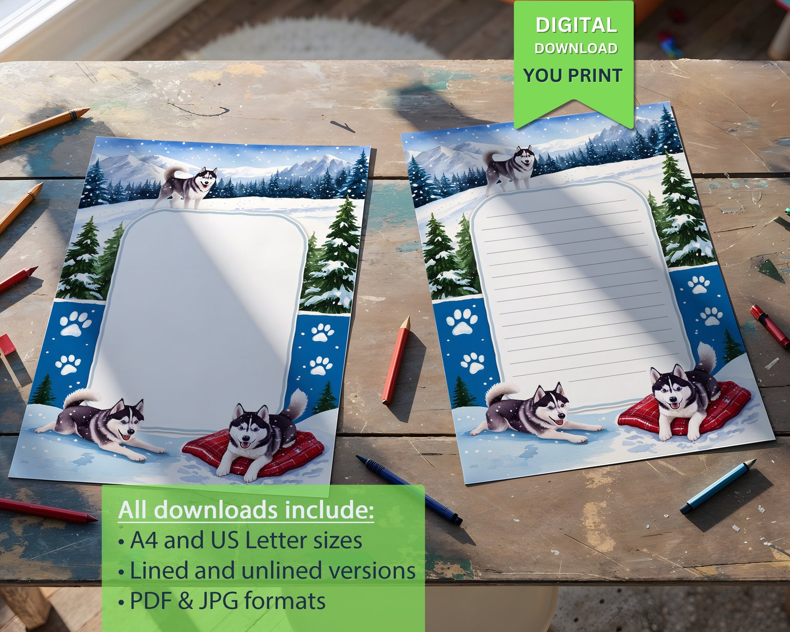 Printable Husky Writing Paper: Winter Stationery for Kids (digital ...
