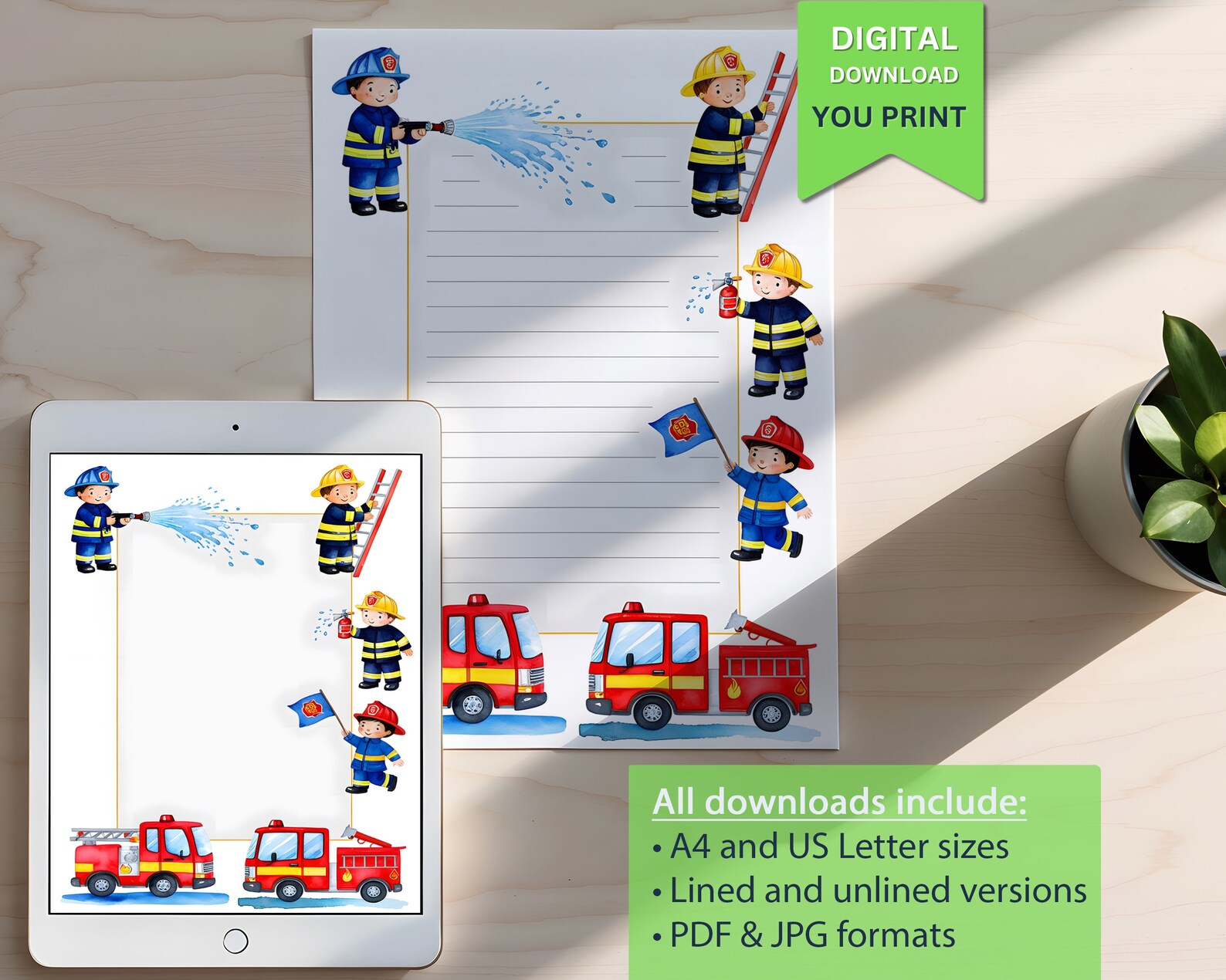 Printable Firefighter-themed Writing Paper for Kids Fun Fire Truck and ...