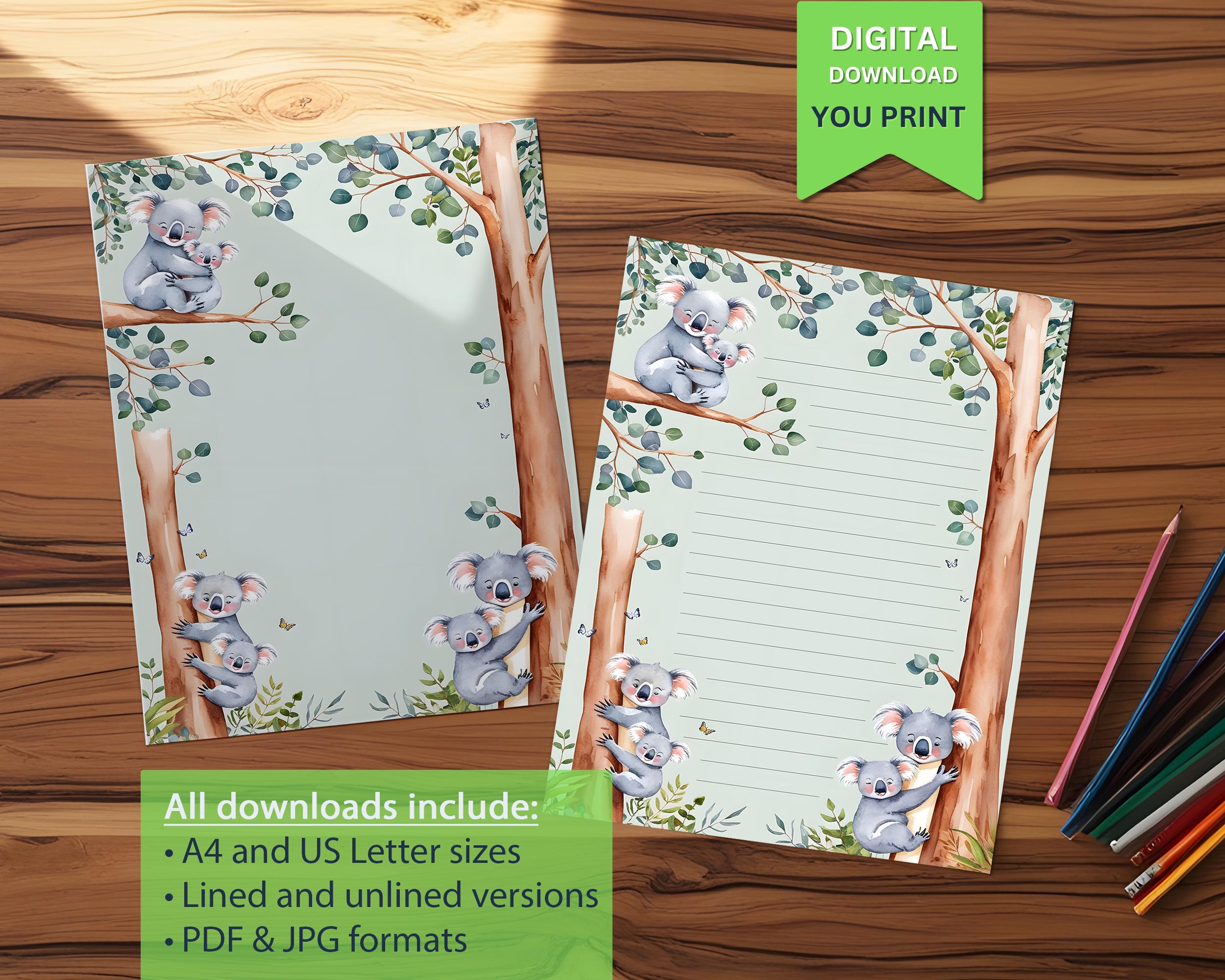 Printable Koala-themed Lined Writing Paper for Kids | Cute Animal ...