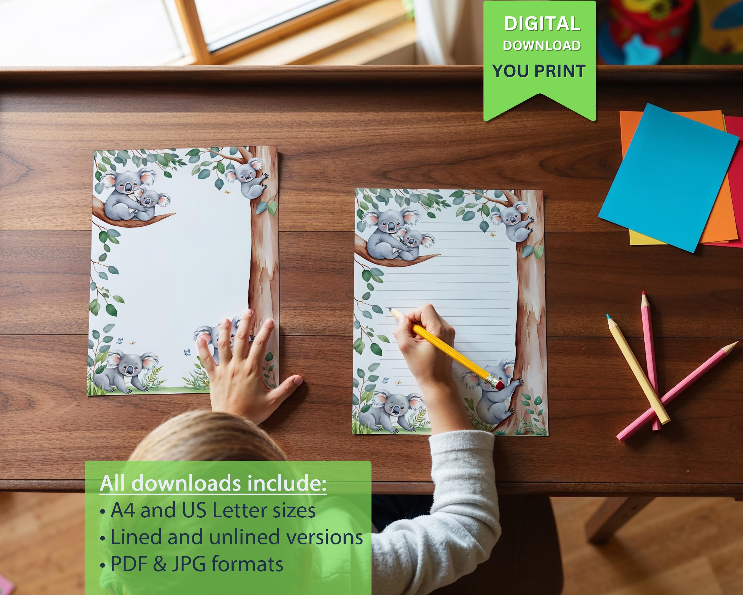 Printable Lined Writing Paper for Kids | Koala-themed Cute Animal ...