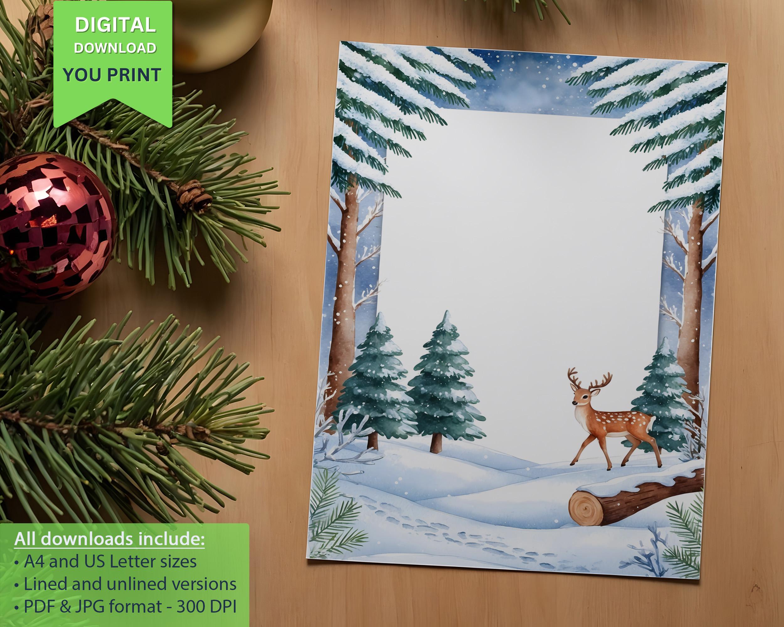 Winter Forest Deer Writing Paper - A4 US Letter Printable Stationery ...