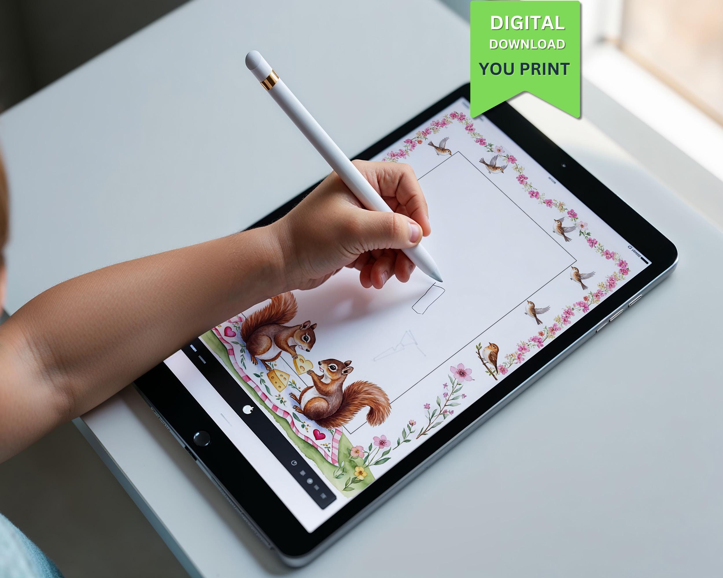 Printable Kids Writing Paper With Cute Squirrels and Birds, Floral ...