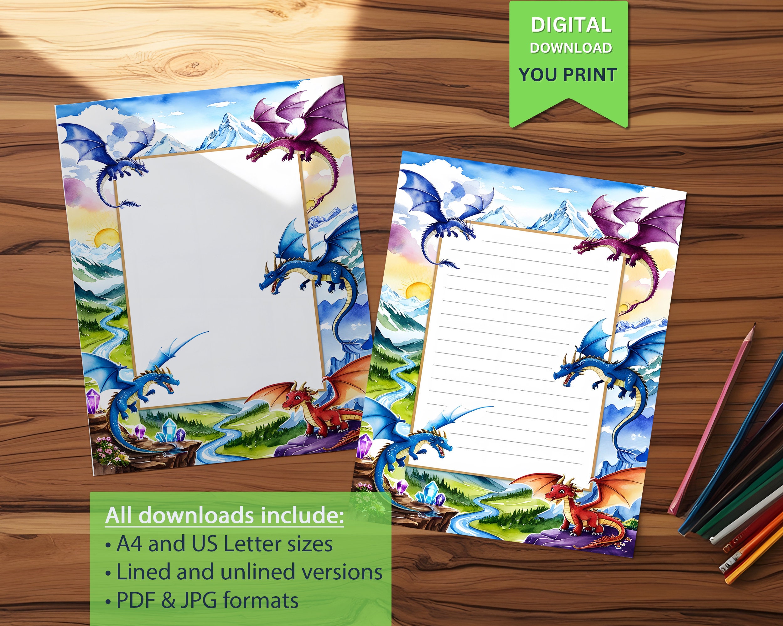 Printable Dragon-themed Writing Paper for Kids – Fantasy Stationery ...