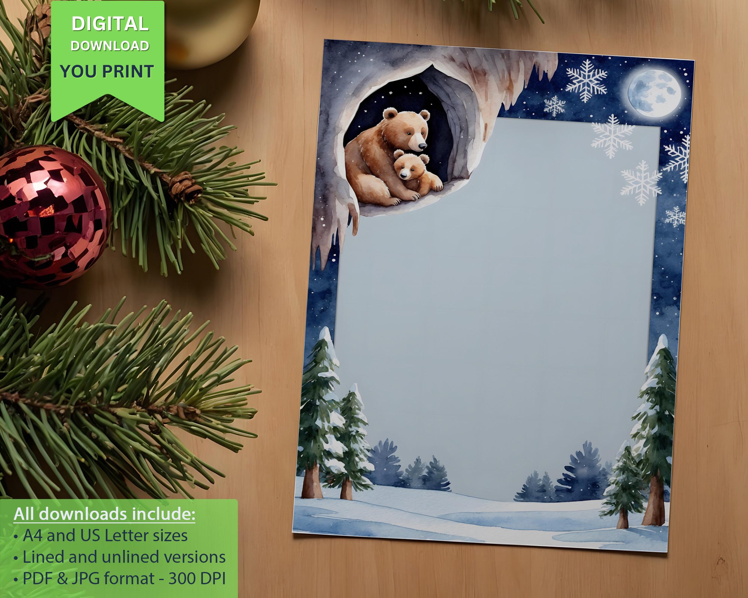 Winter Bear Writing Paper A4 US Letter Printable Stationery Cozy Forest ...