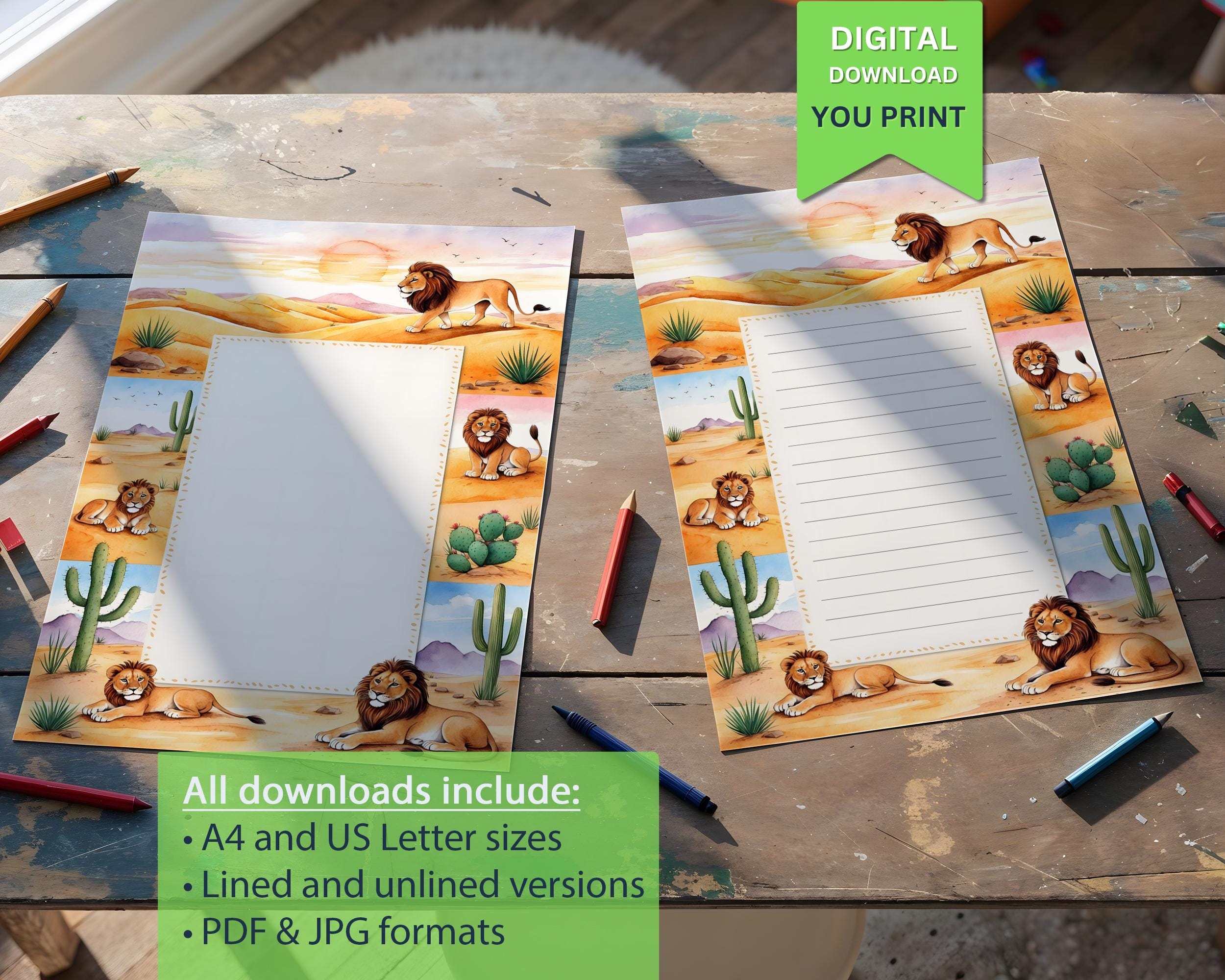 Desert Lion-themed Printable Writing Paper for Kids Fun and Creative ...