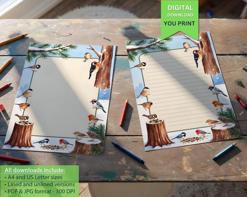 Winter Birds Writing Paper - A4 US Letter Printable Stationery - Snowy ...