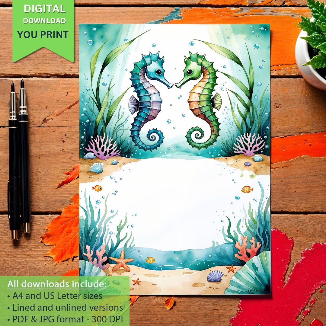 Seahorse Ocean Printable Stationery, Underwater Writing Paper, Digital ...