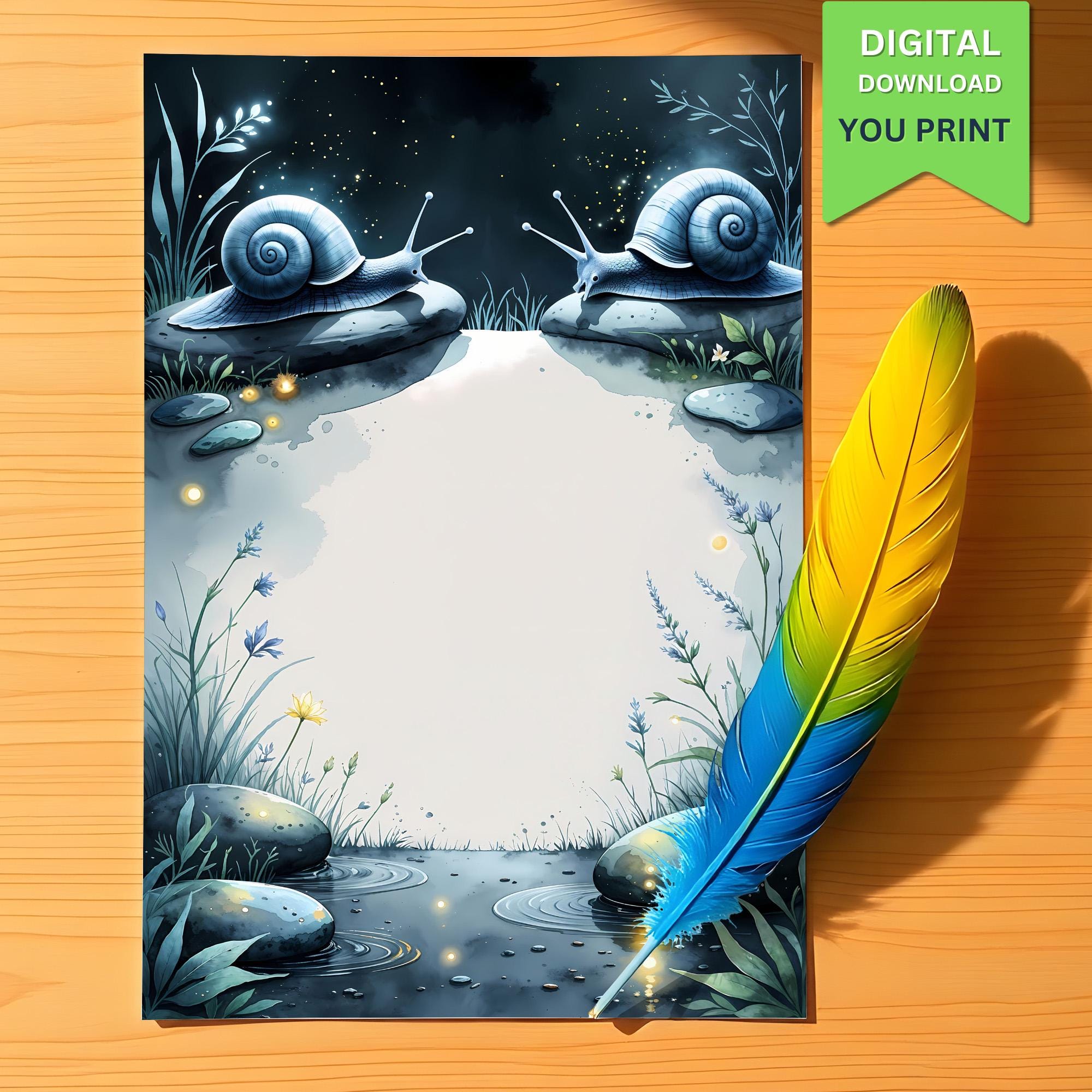 Printable Kids Writing Paper With Snails and Fireflies, Magical Night ...
