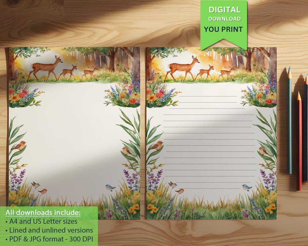 Enchanted Forest-themed Stationery | Deer, Birds, and Wildflowers ...