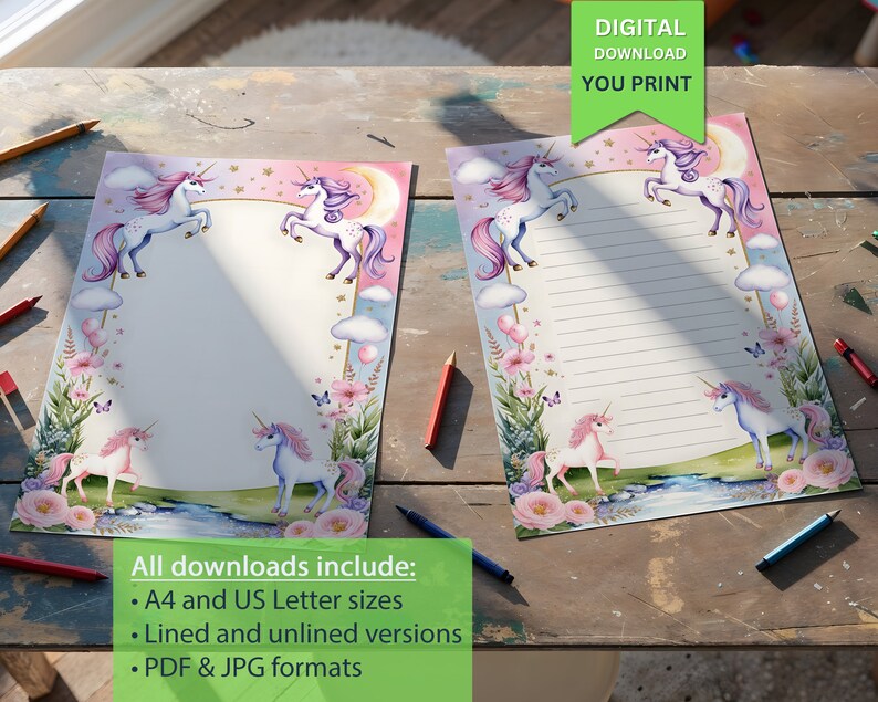 Printable Unicorn Writing Paper for Kids – Moon, Stars, and Floral ...