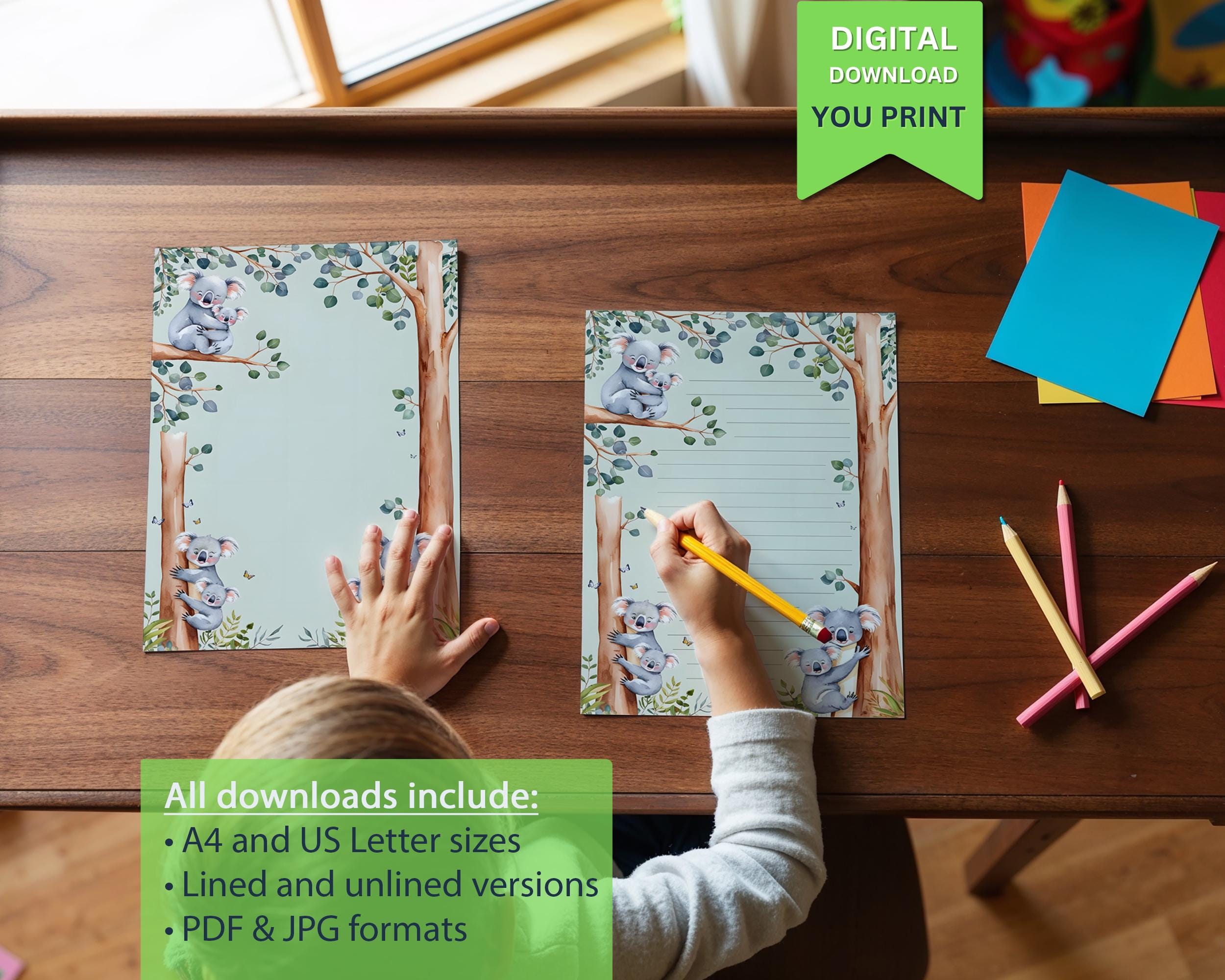 Printable Koala-themed Lined Writing Paper for Kids | Cute Animal ...