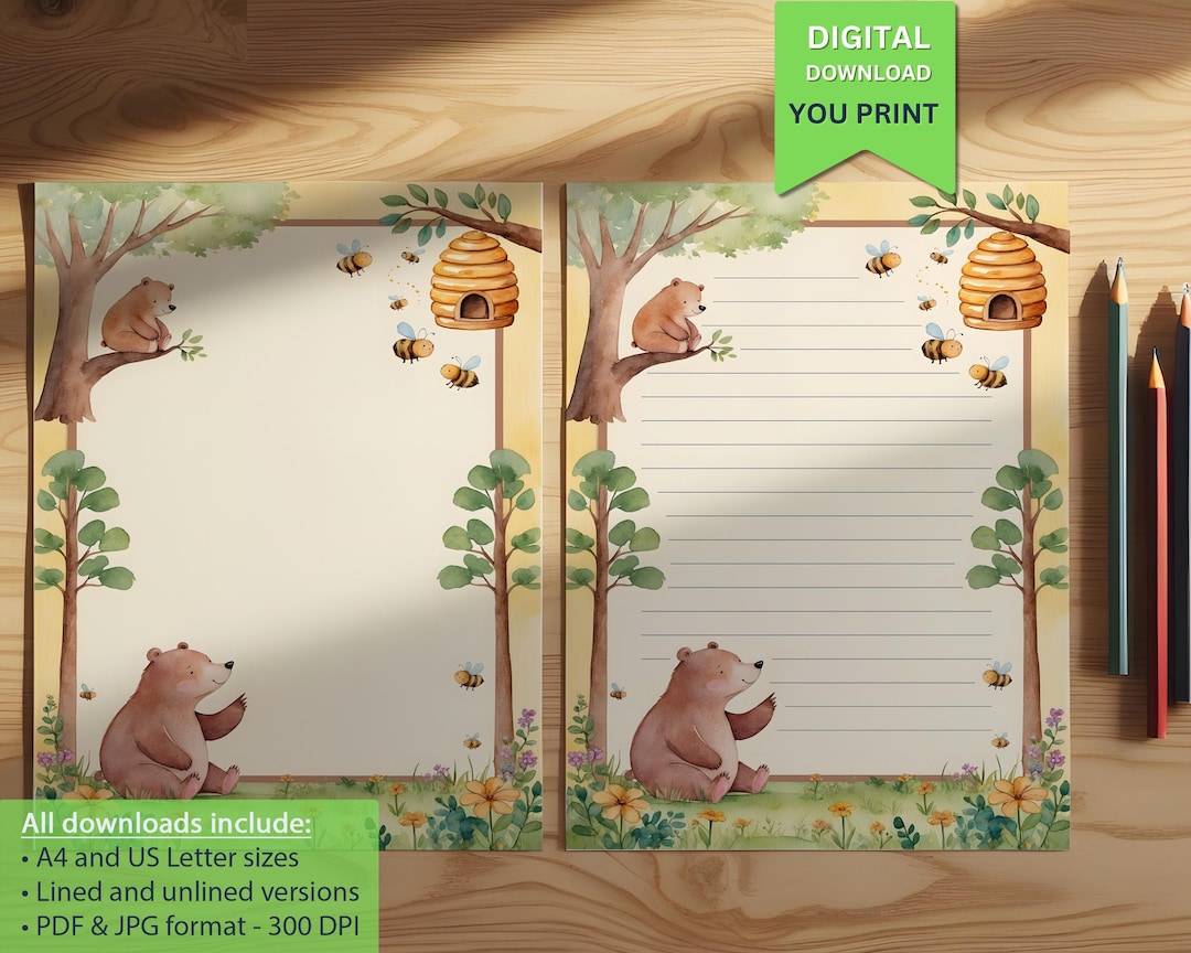 Woodland Bear Writing Paper | Cute Bears and Busy Bees | Forest-themed ...