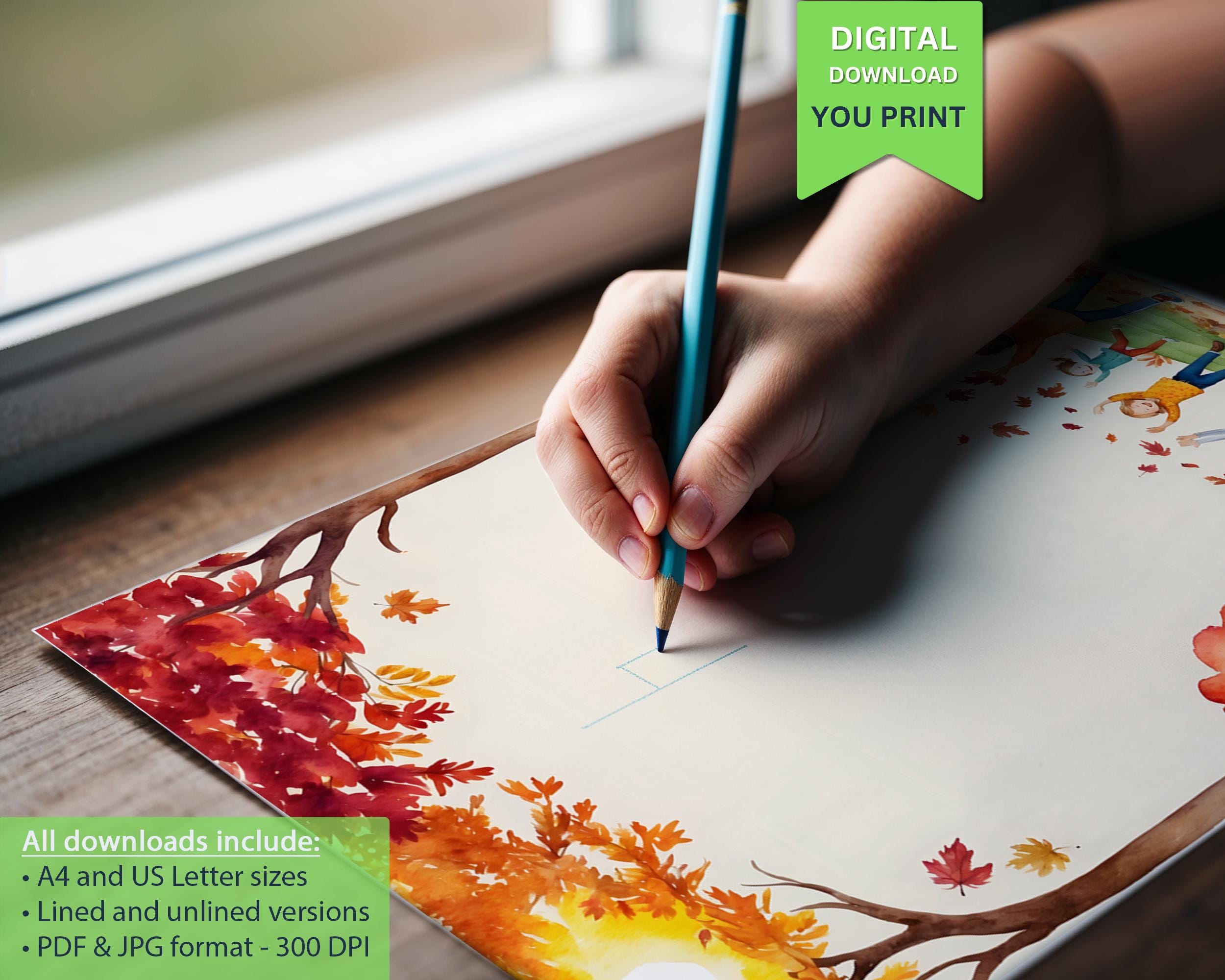 Autumn Writing Paper With Kids Playing in Falling Leaves and Vibrant ...
