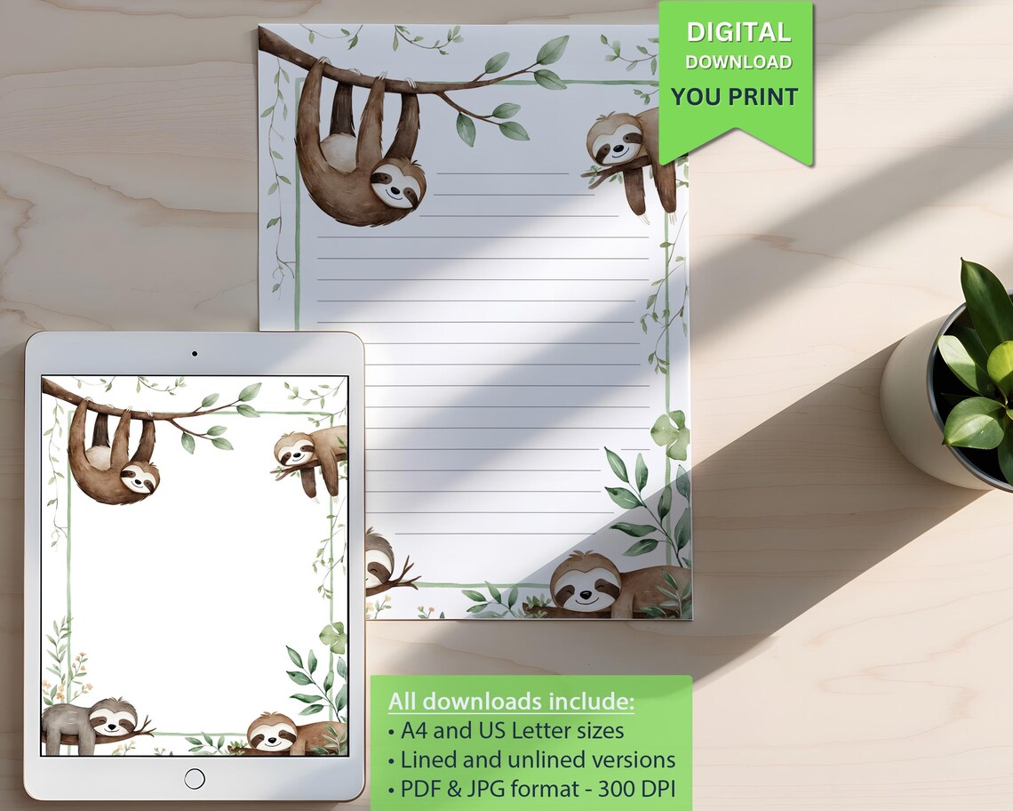 Cute Sloth-themed Printable Writing Paper for Kids | A4 and US Letter ...