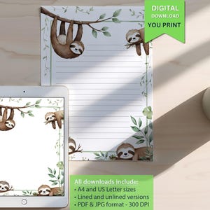 Cute Sloth-themed Printable Writing Paper for Kids | A4 and US Letter ...