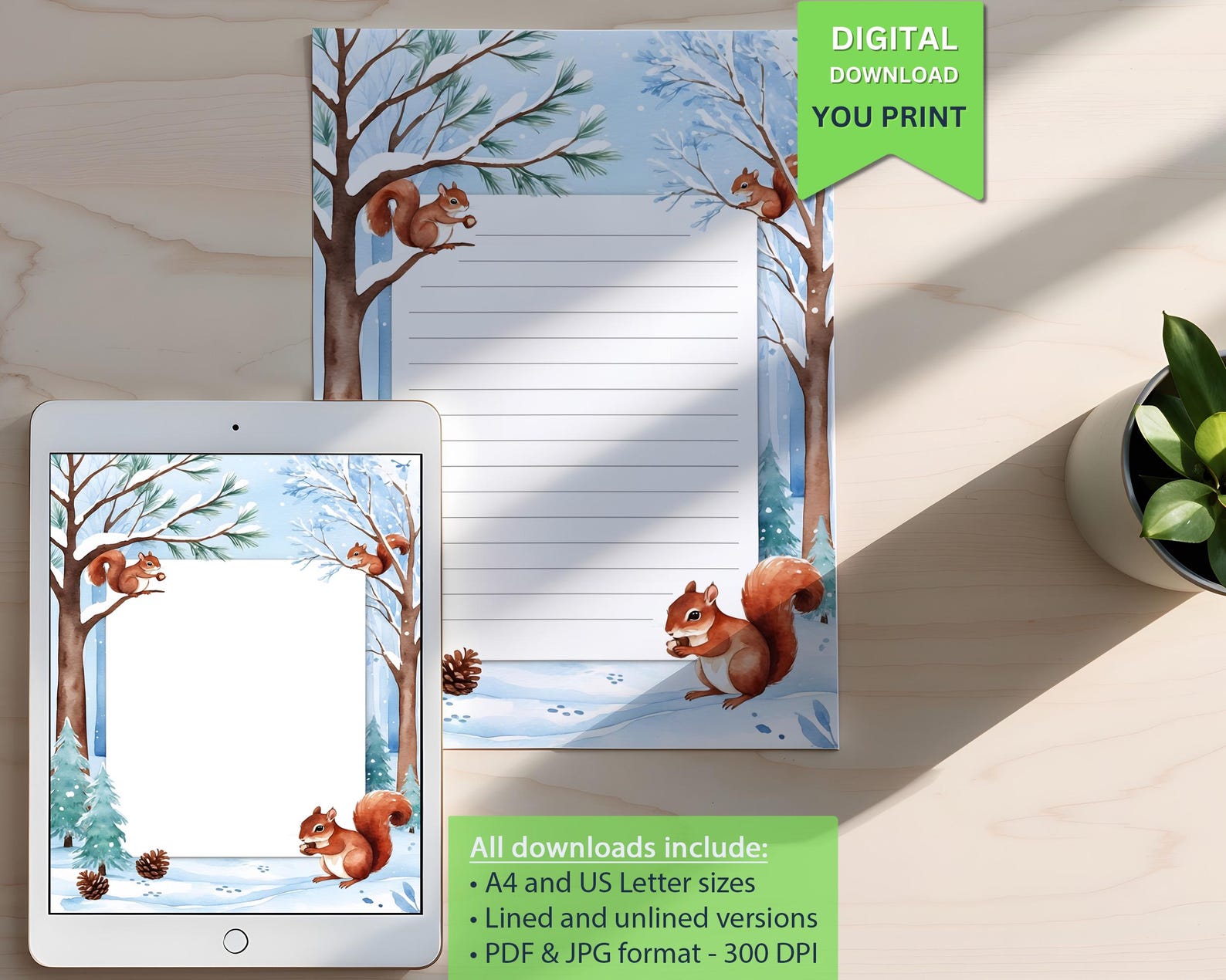 Winter Squirrel Digital Writing Paper - A4 US Letter Printable ...