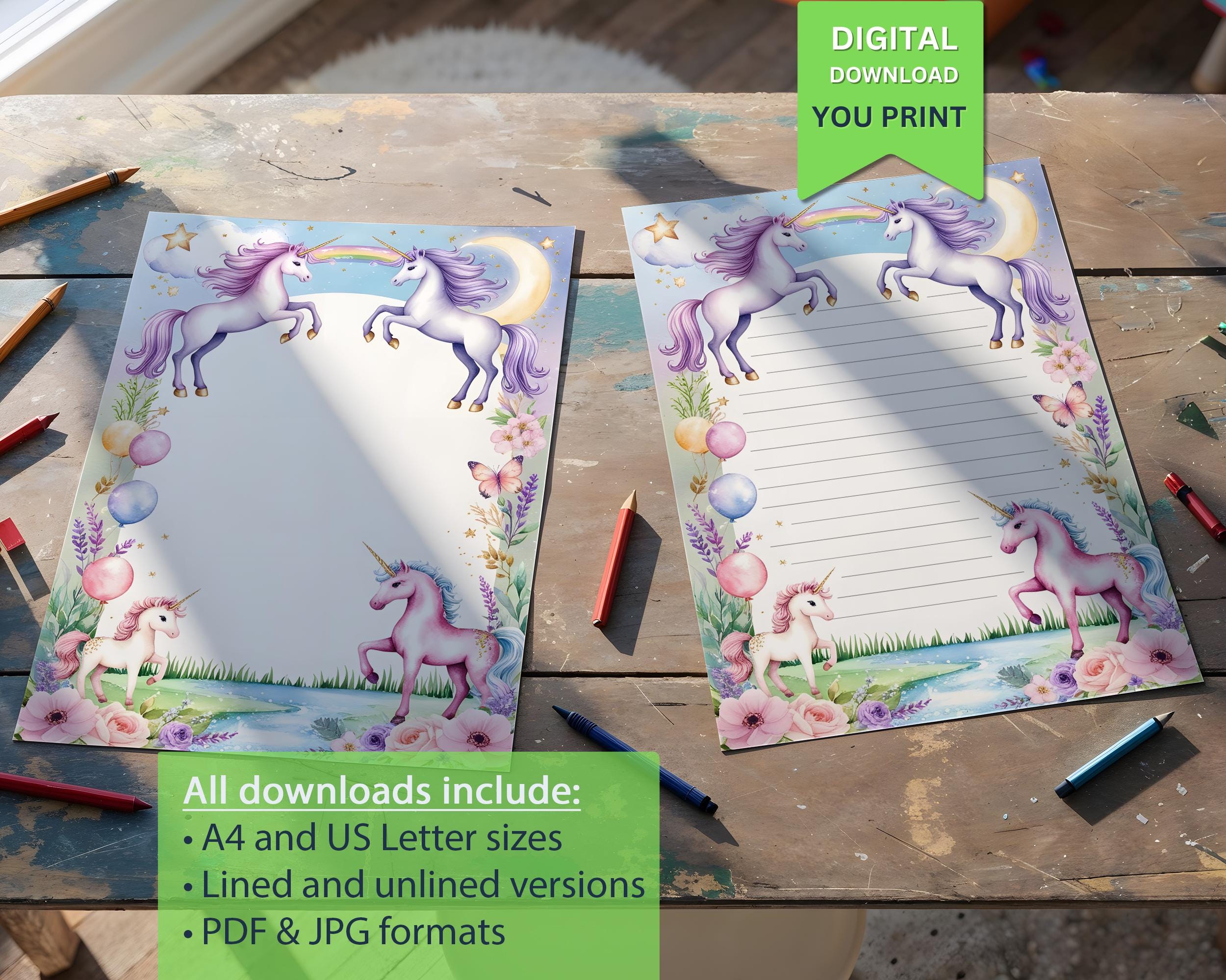 Unicorn-themed Printable Writing Paper for Kids Rainbow & Floral ...