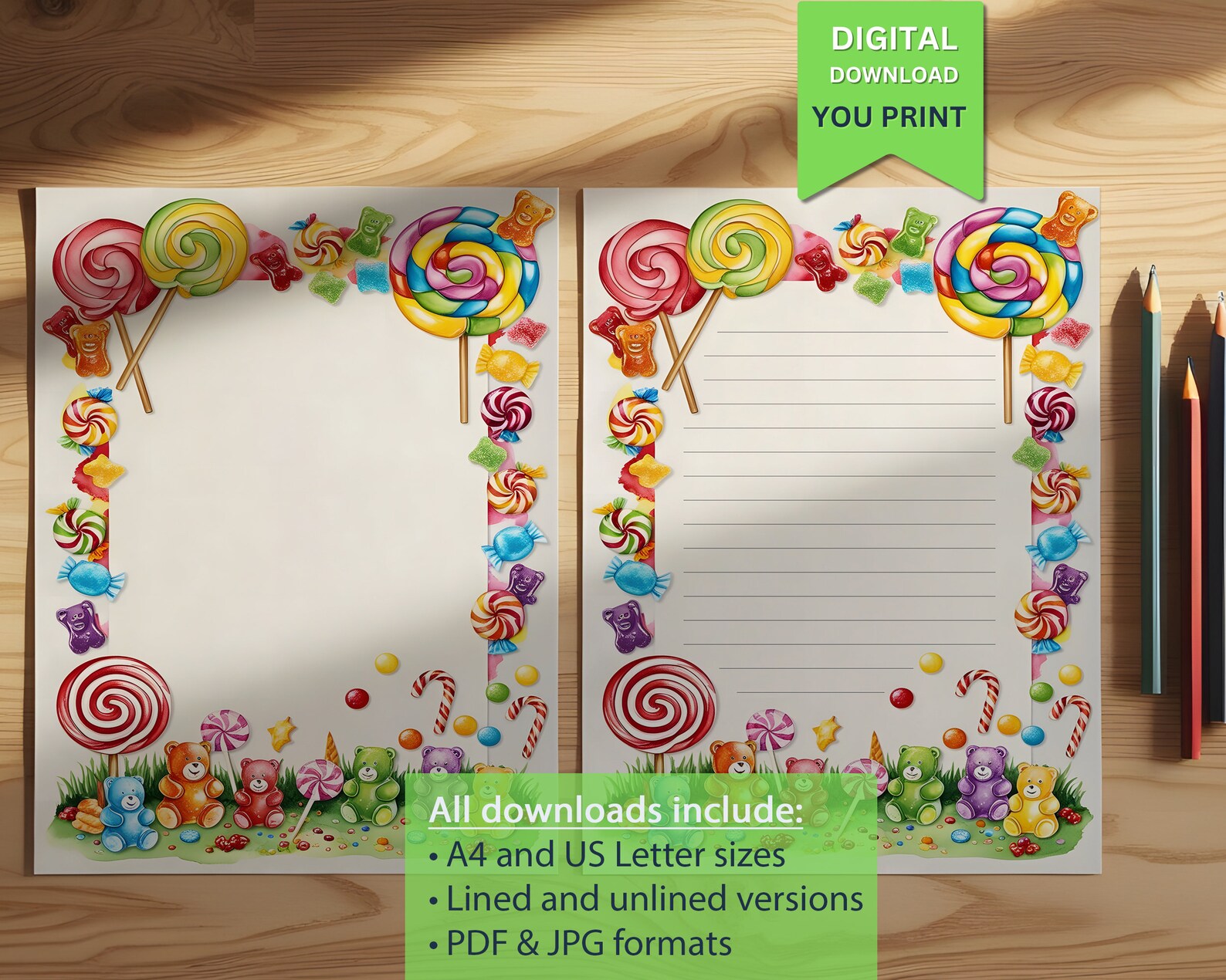 Colorful Candy-themed Printable Writing Paper for Kids With Gummy Bears ...