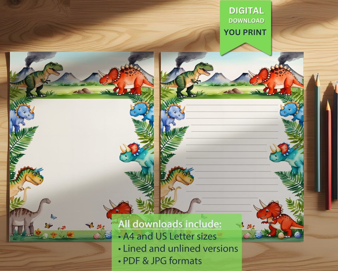 Colorful Dinosaur-themed Writing Paper for Kids Printable Stationery ...