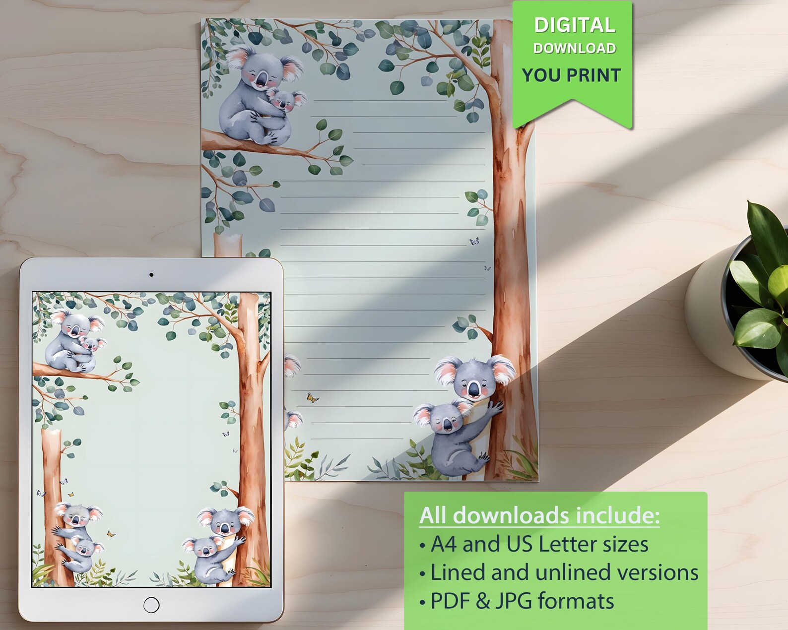 Printable Koala-themed Lined Writing Paper for Kids | Cute Animal ...