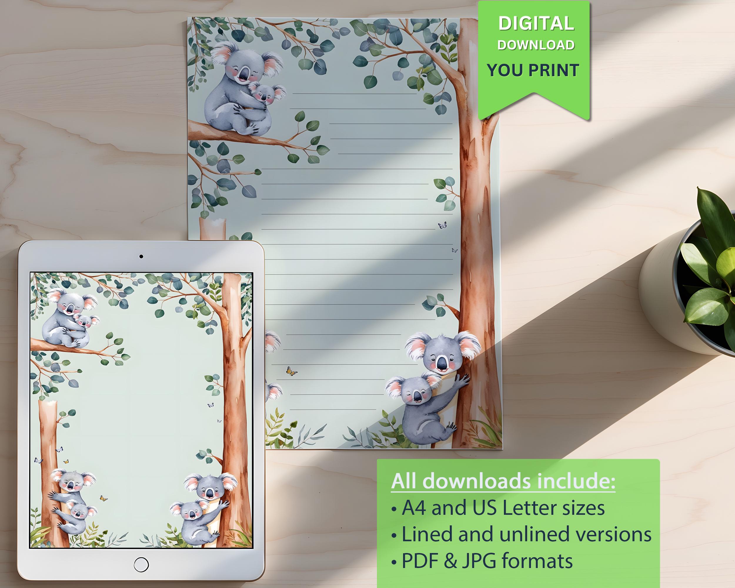 Printable Koala-themed Lined Writing Paper for Kids | Cute Animal ...