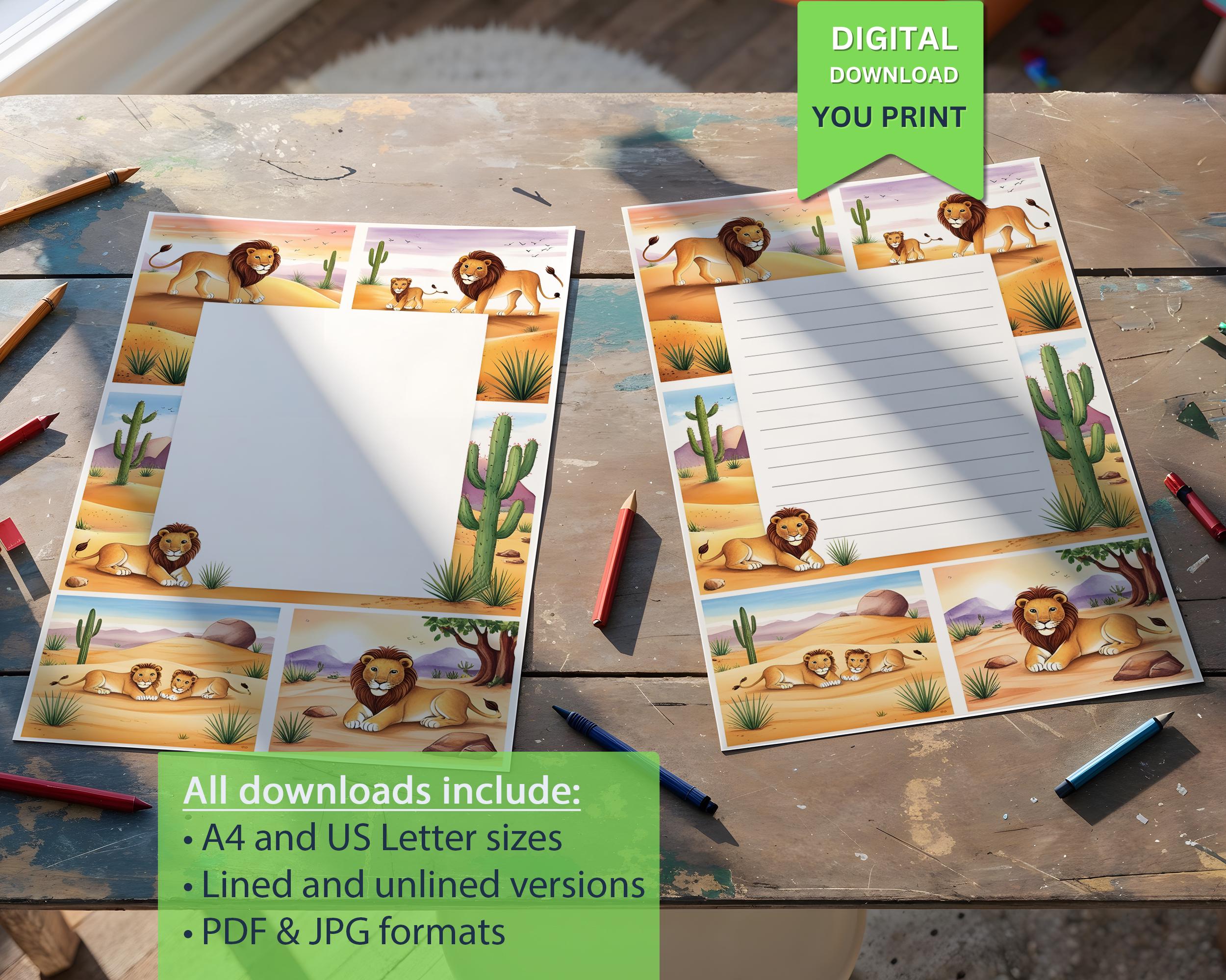 Lion-themed Printable Writing Paper for Kids Fun Desert Animal ...
