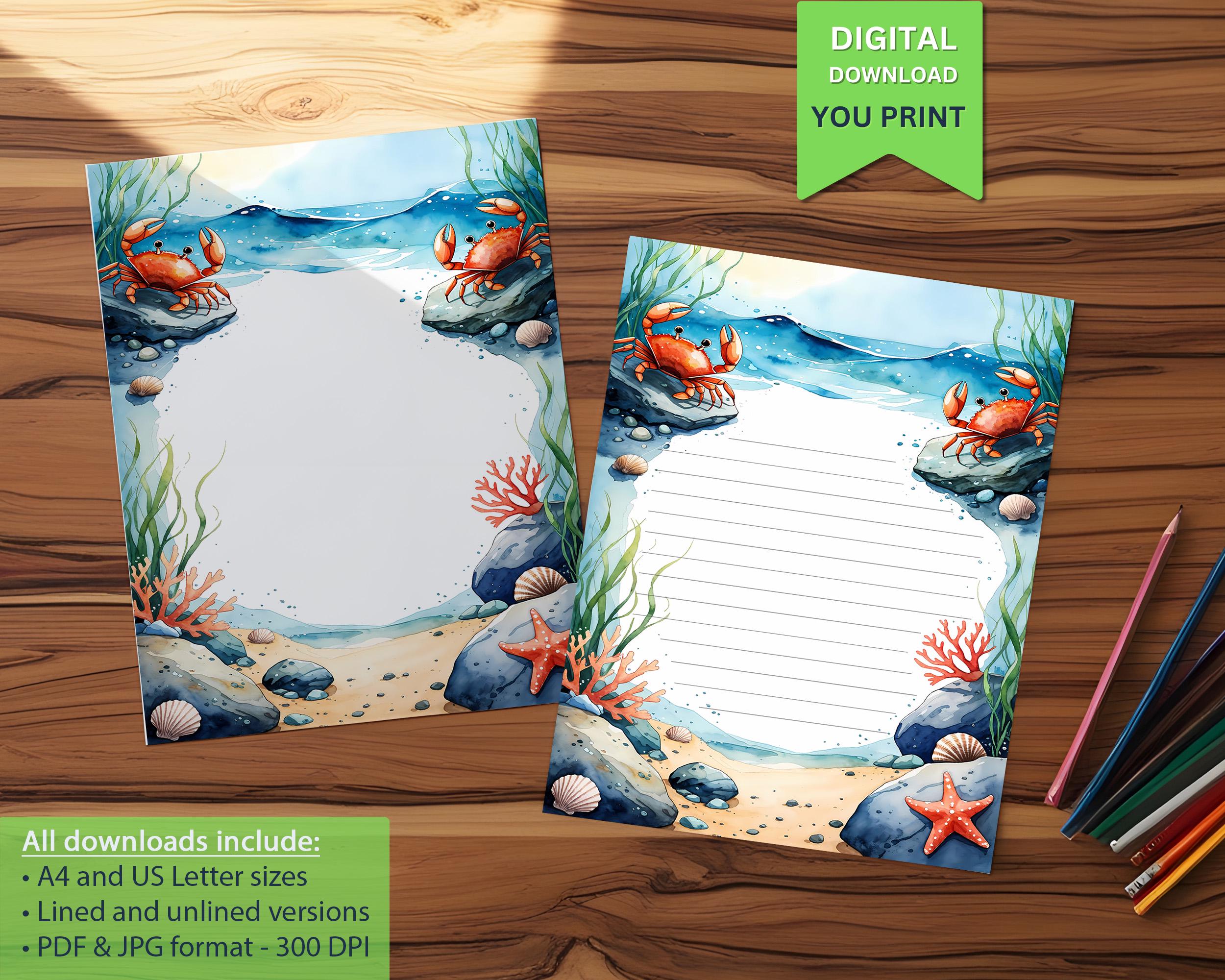 Printable Kids Writing Paper With Crabs and Ocean Theme, Underwater ...