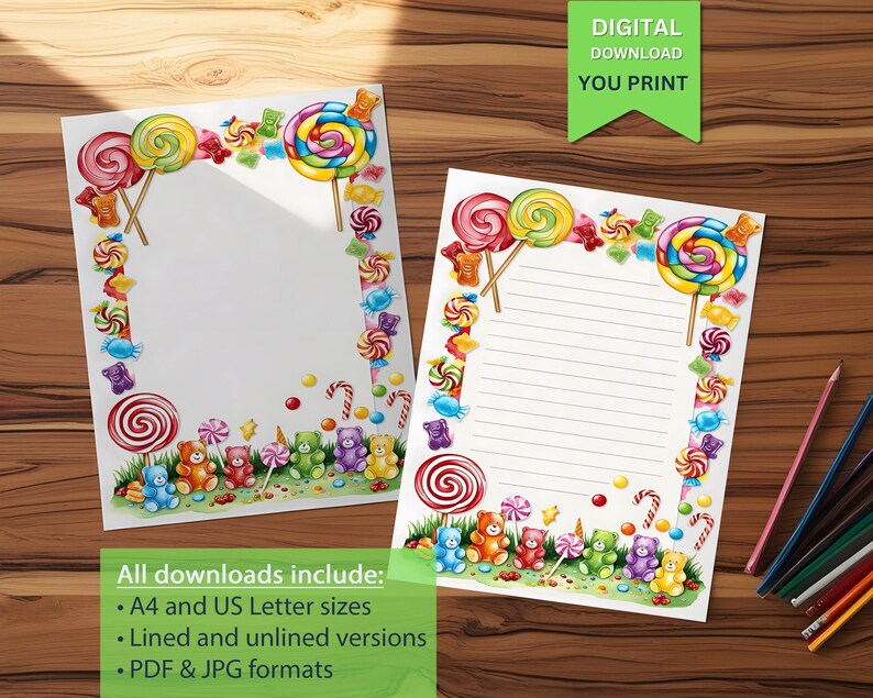 Colorful Candy-themed Printable Writing Paper for Kids With Gummy Bears ...
