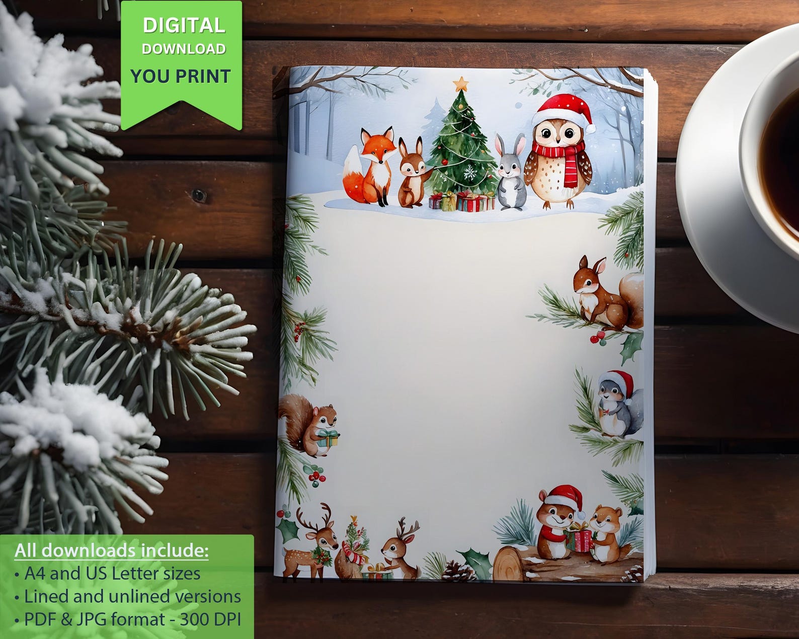 Woodland Christmas Writing Paper With Cute Forest Animals and Festive ...
