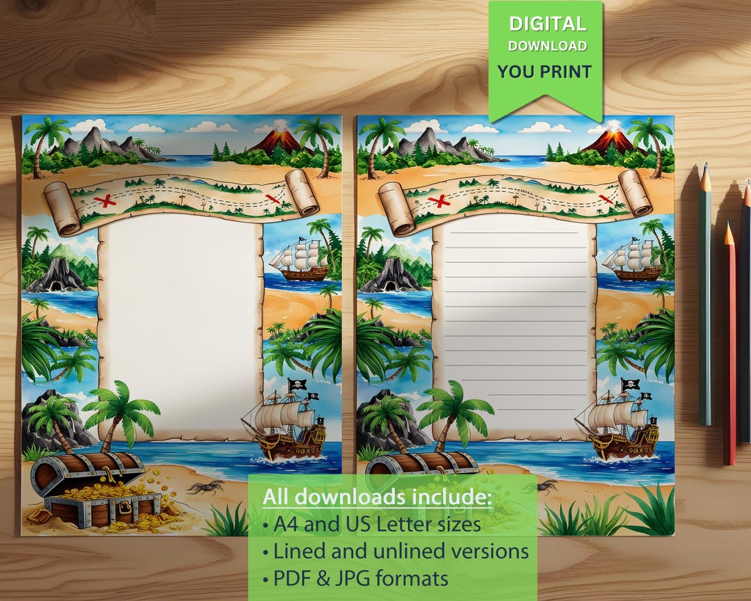 Printable Pirate-themed Writing Paper for Kids Treasure Map, Ship, and ...