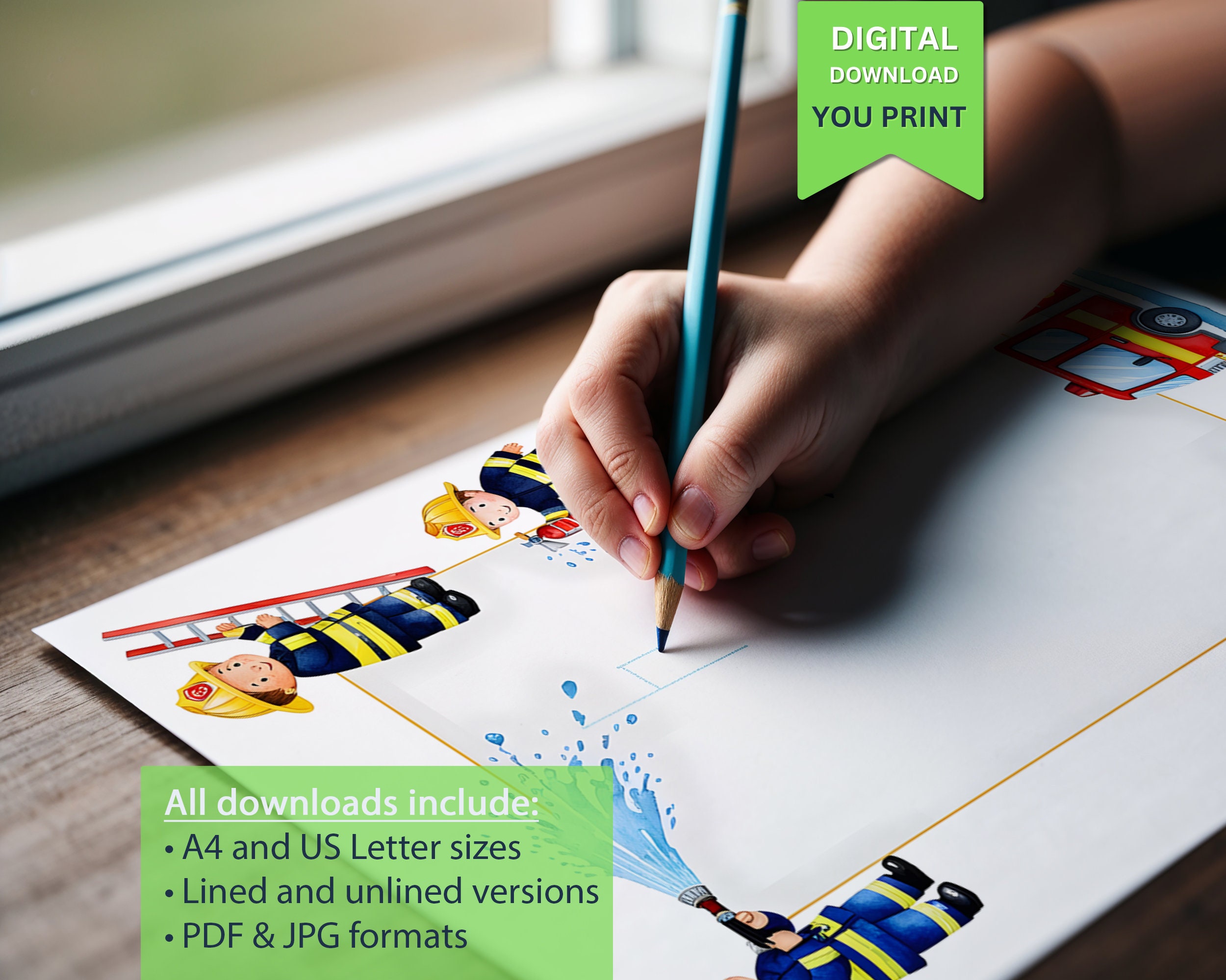 Printable Firefighter-themed Writing Paper for Kids Fun Fire Truck and ...