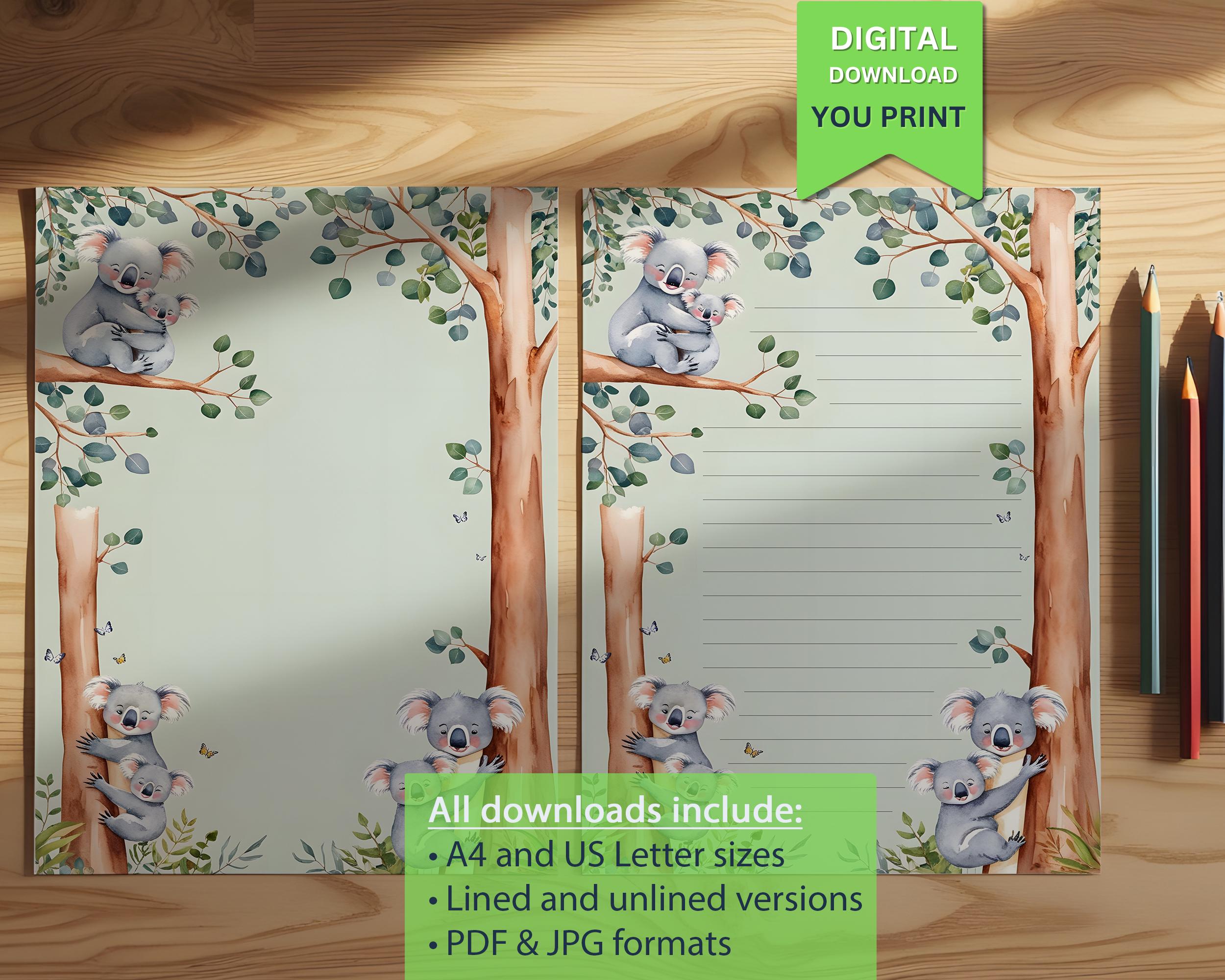 Printable Koala-themed Lined Writing Paper for Kids | Cute Animal ...