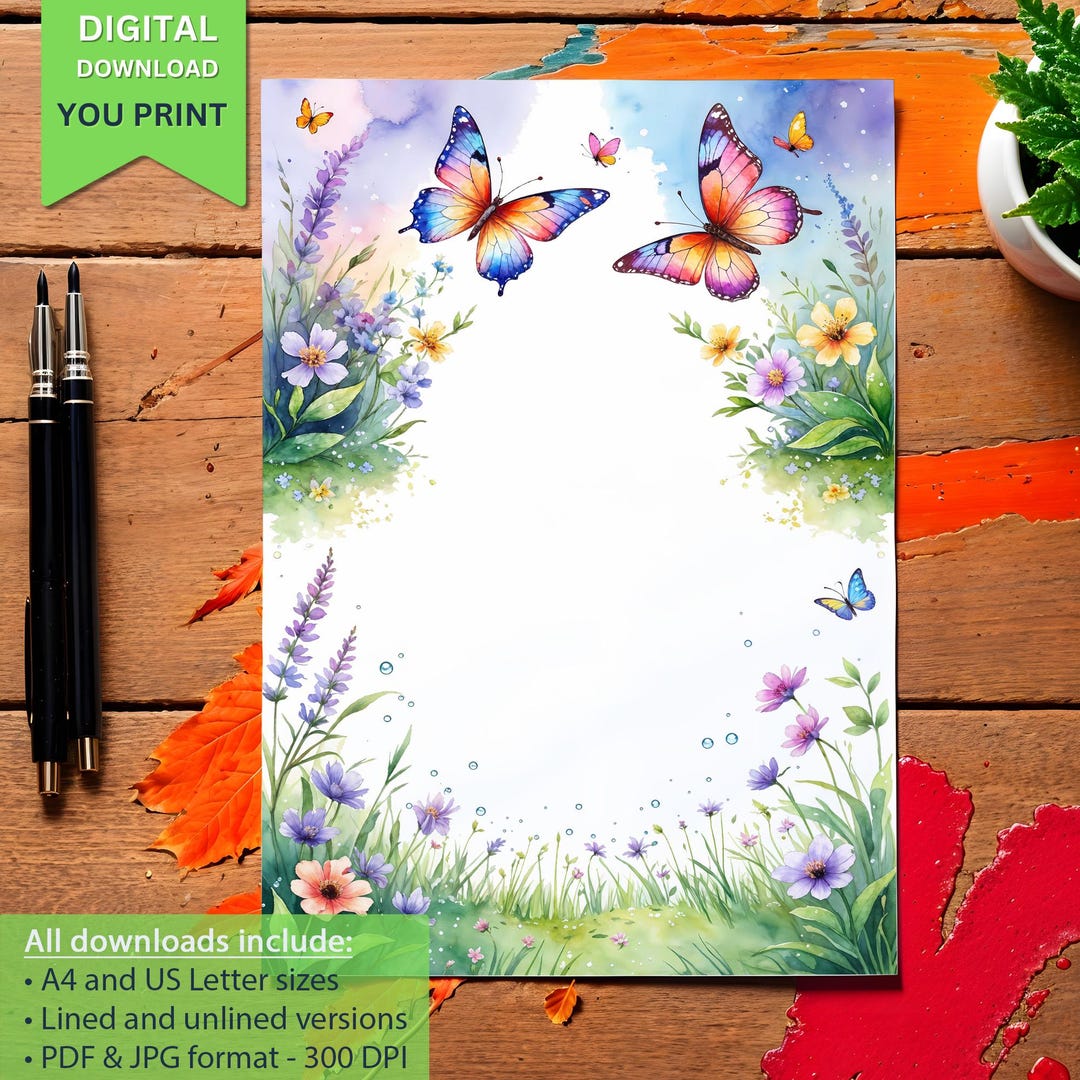 Butterfly Floral Stationery: Watercolor Letter Writing Paper (digital ...