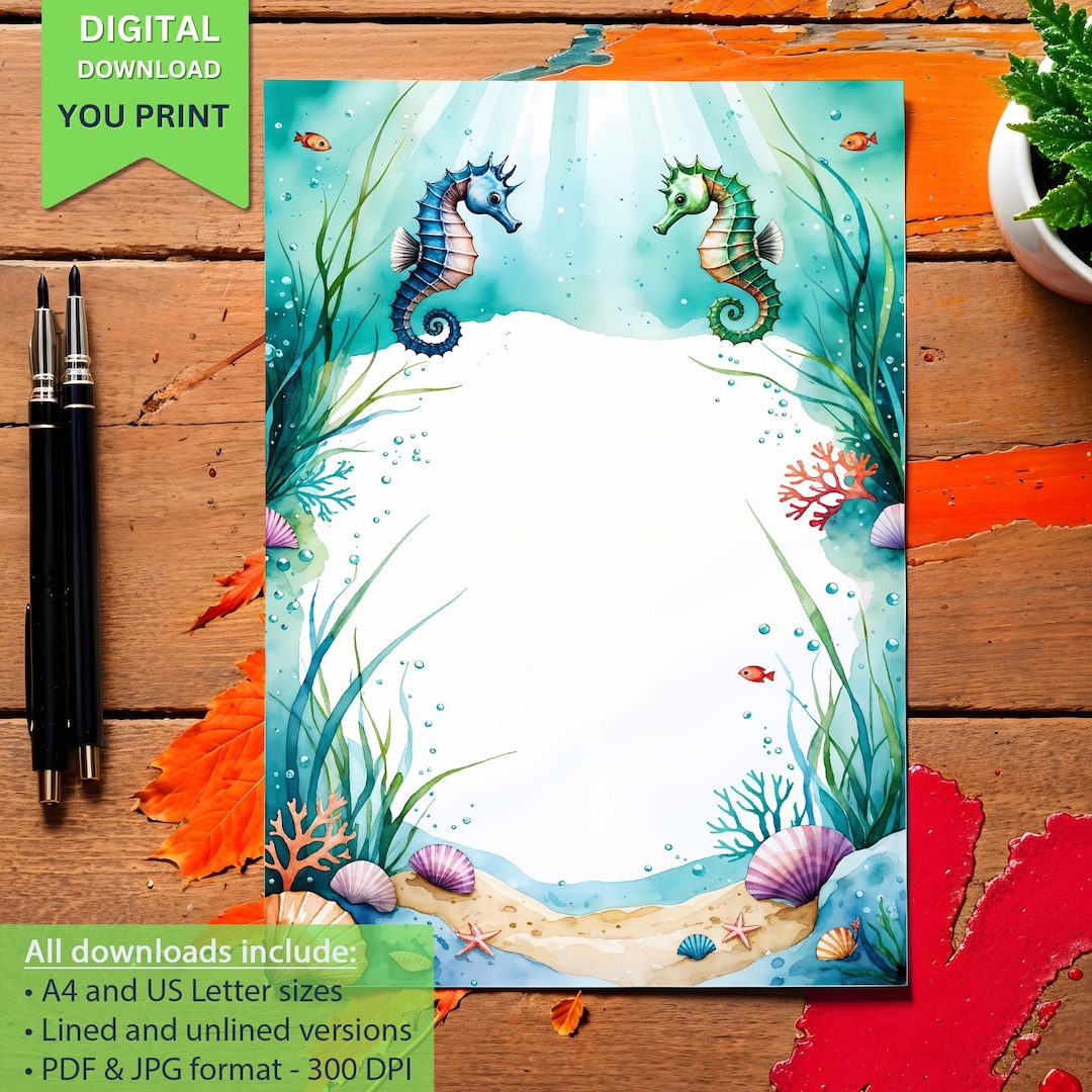 Seahorse Printable Stationery, Ocean Letter Writing Paper, Underwater ...