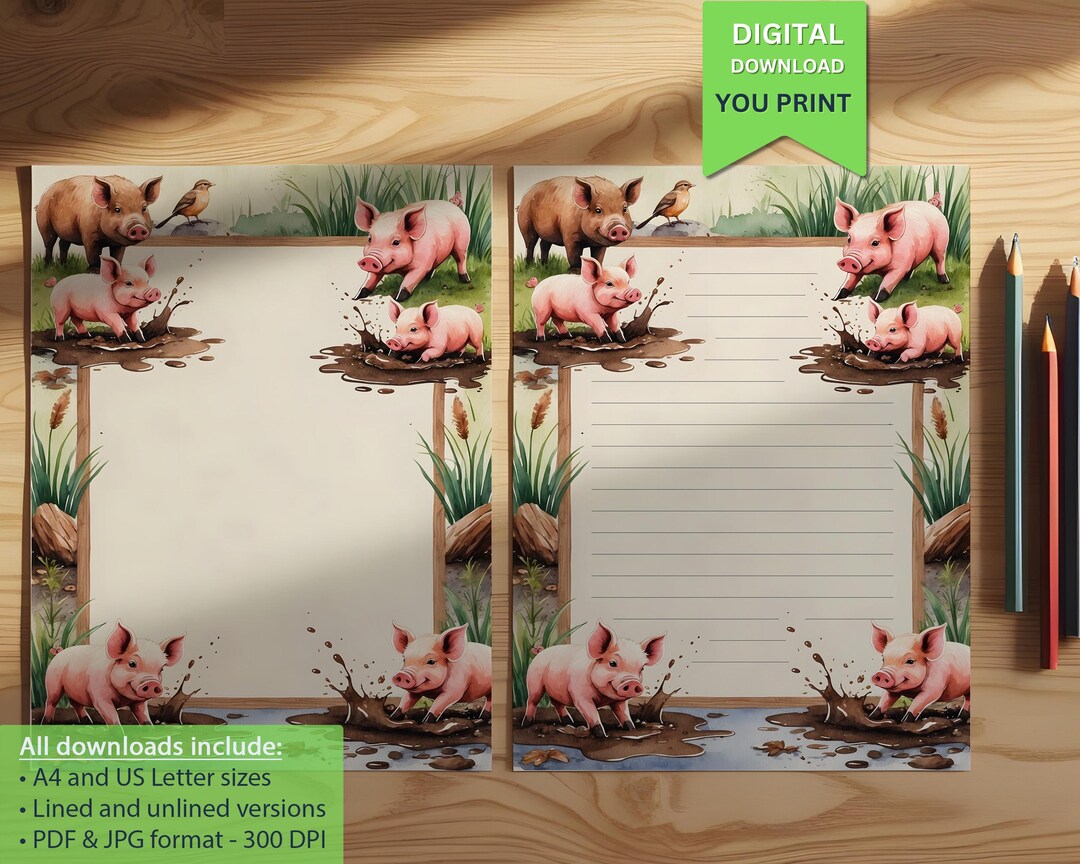 Muddy Puddle Piggy Writing Paper | A4 and US Letter PDF | Fun Farm ...