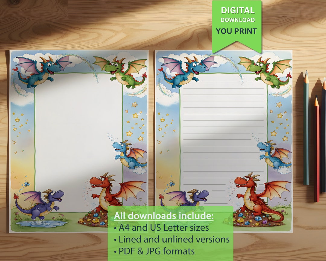 Printable Dragon Writing Paper: Kids Fantasy Stationery (digital ...