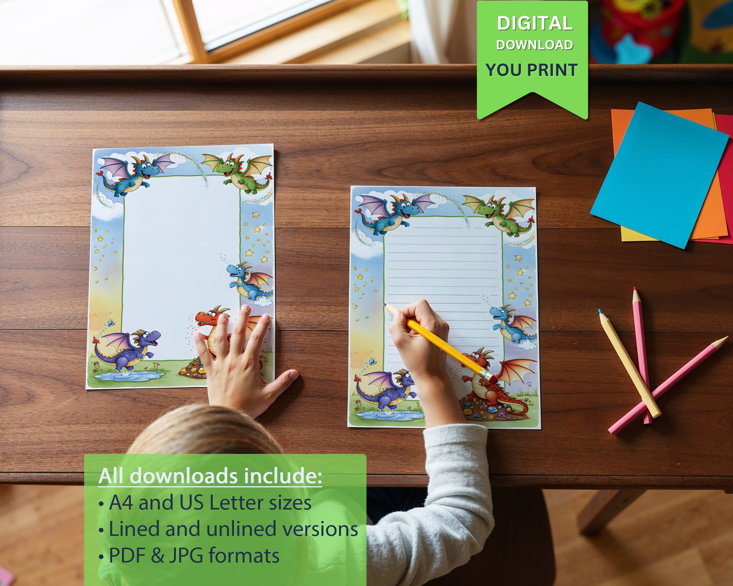 Printable Dragon Writing Paper: Kids Fantasy Stationery (digital ...