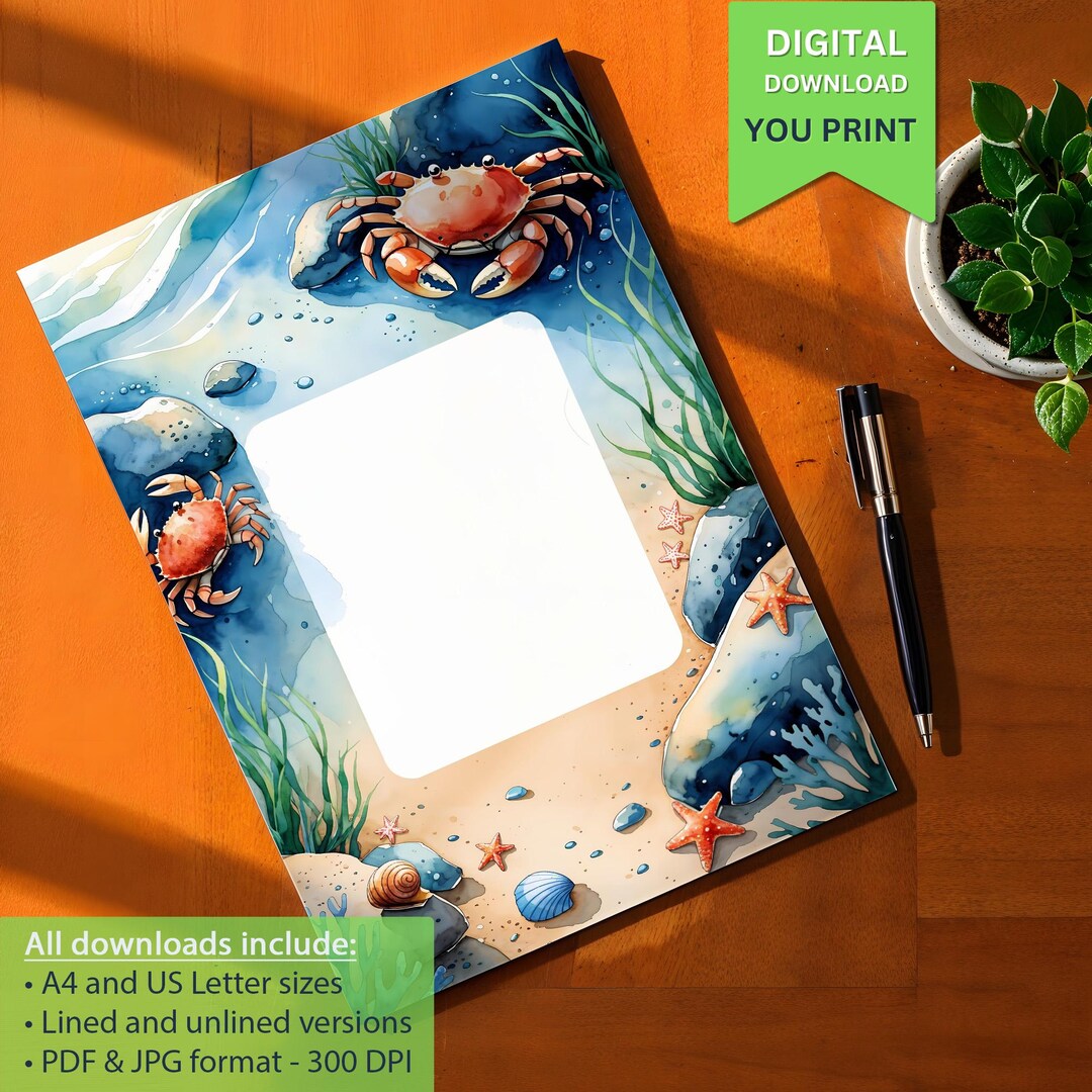 Printable Ocean Crab Writing Paper, Beach Theme Letter Paper, Kids ...