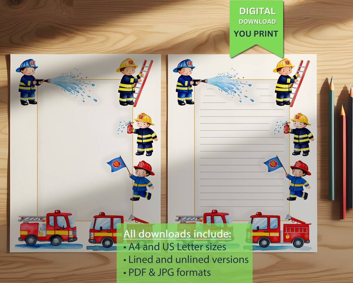 Printable Firefighter-themed Writing Paper for Kids Fun Fire Truck and ...