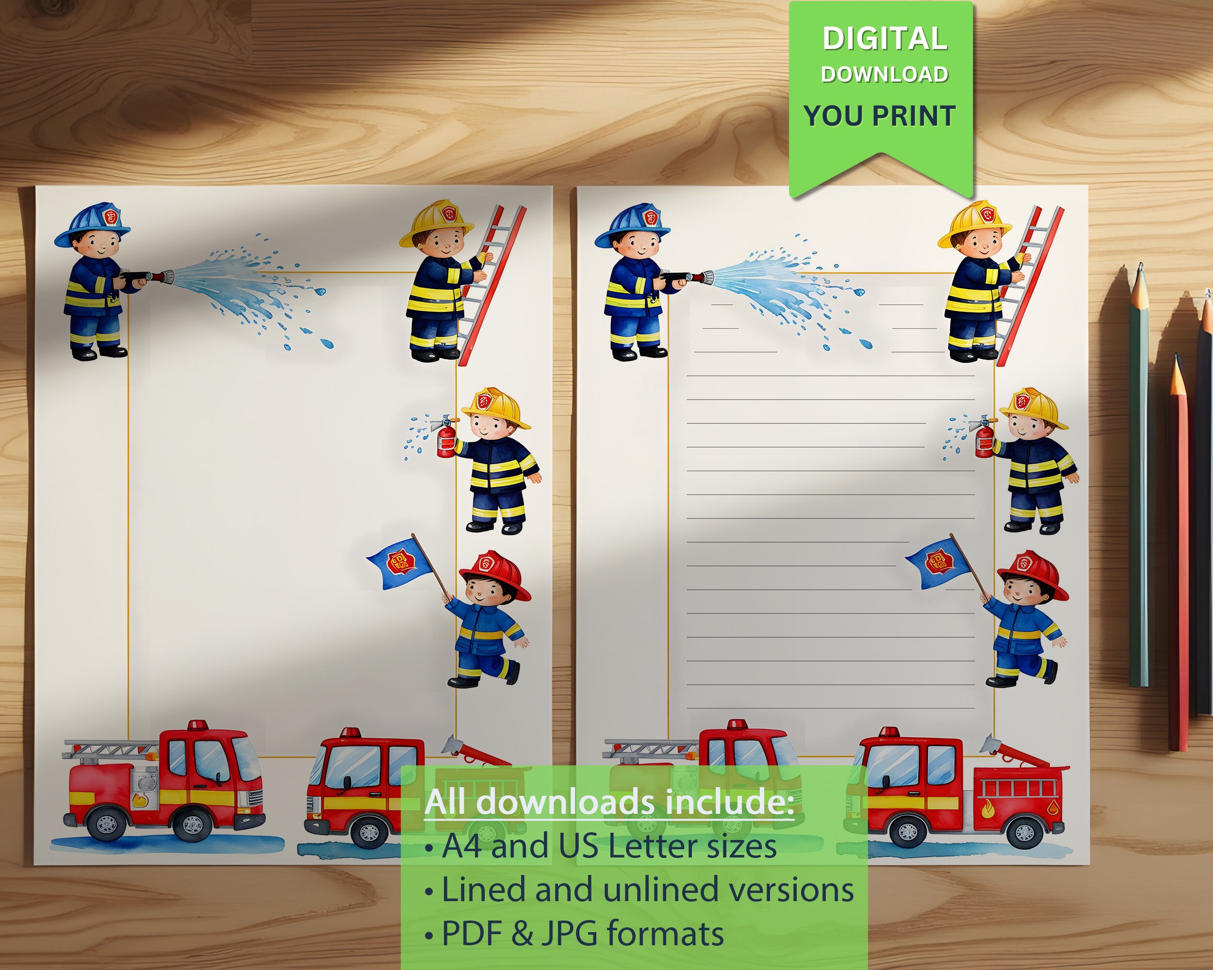 Printable Firefighter-themed Writing Paper for Kids Fun Fire Truck and ...