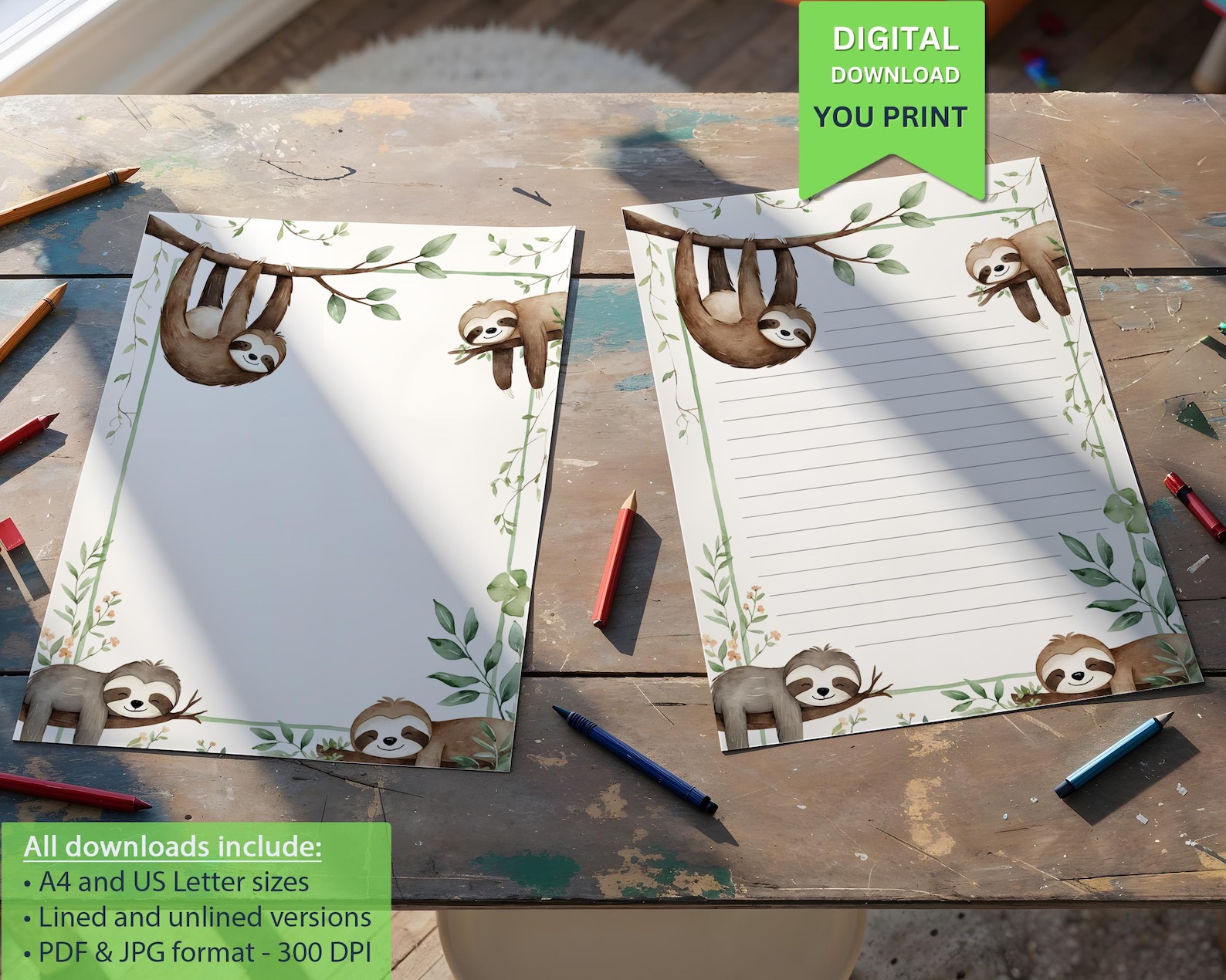 Cute Sloth-themed Printable Writing Paper for Kids | A4 and US Letter ...