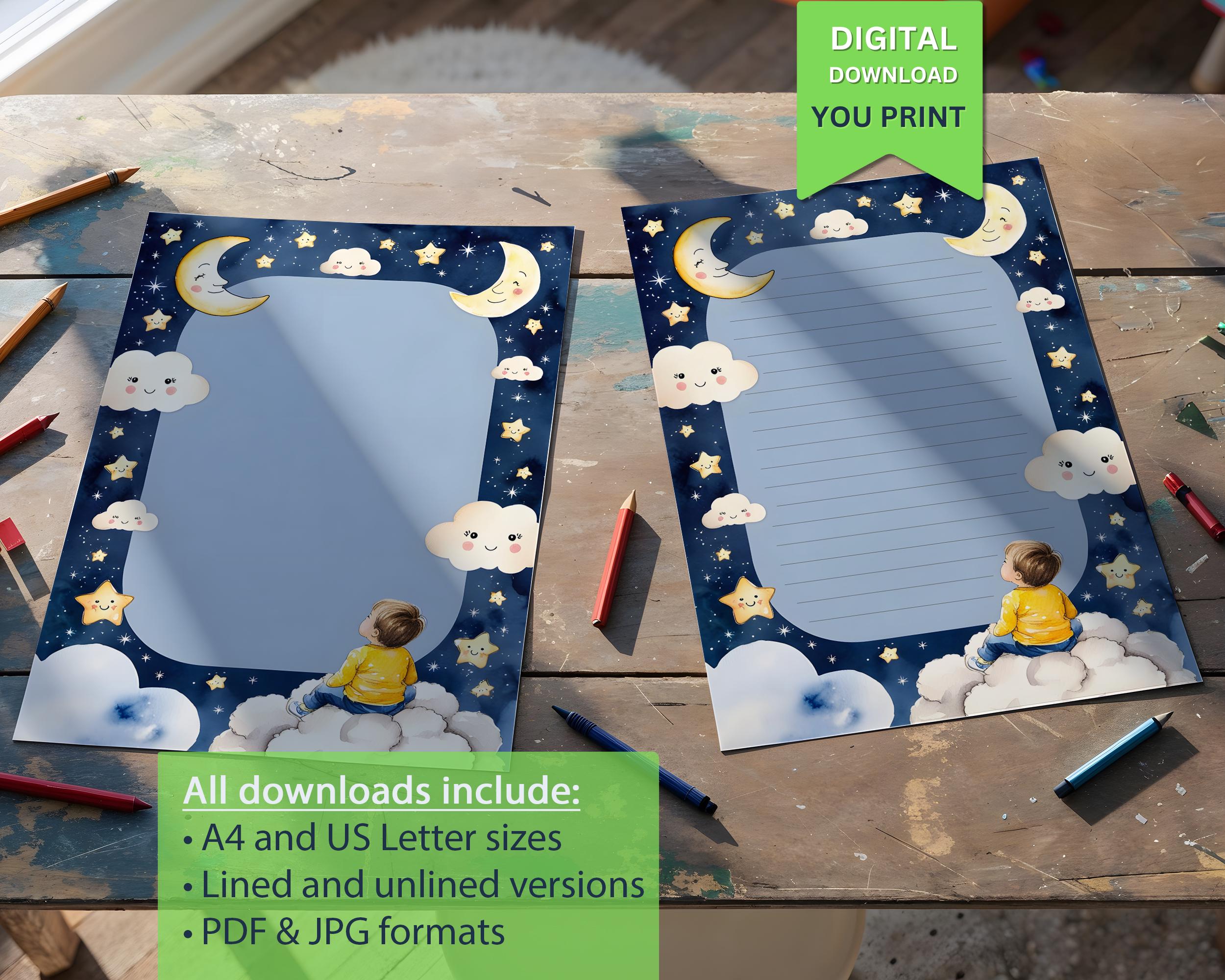 Printable Cute Moon and Stars Stationery for Kids | Adorable Cloud ...