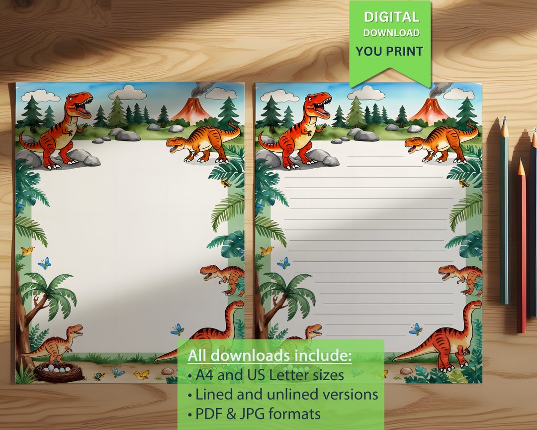 T-rex and Dinosaur Writing Paper for Kids – Fun Jurassic Stationery ...