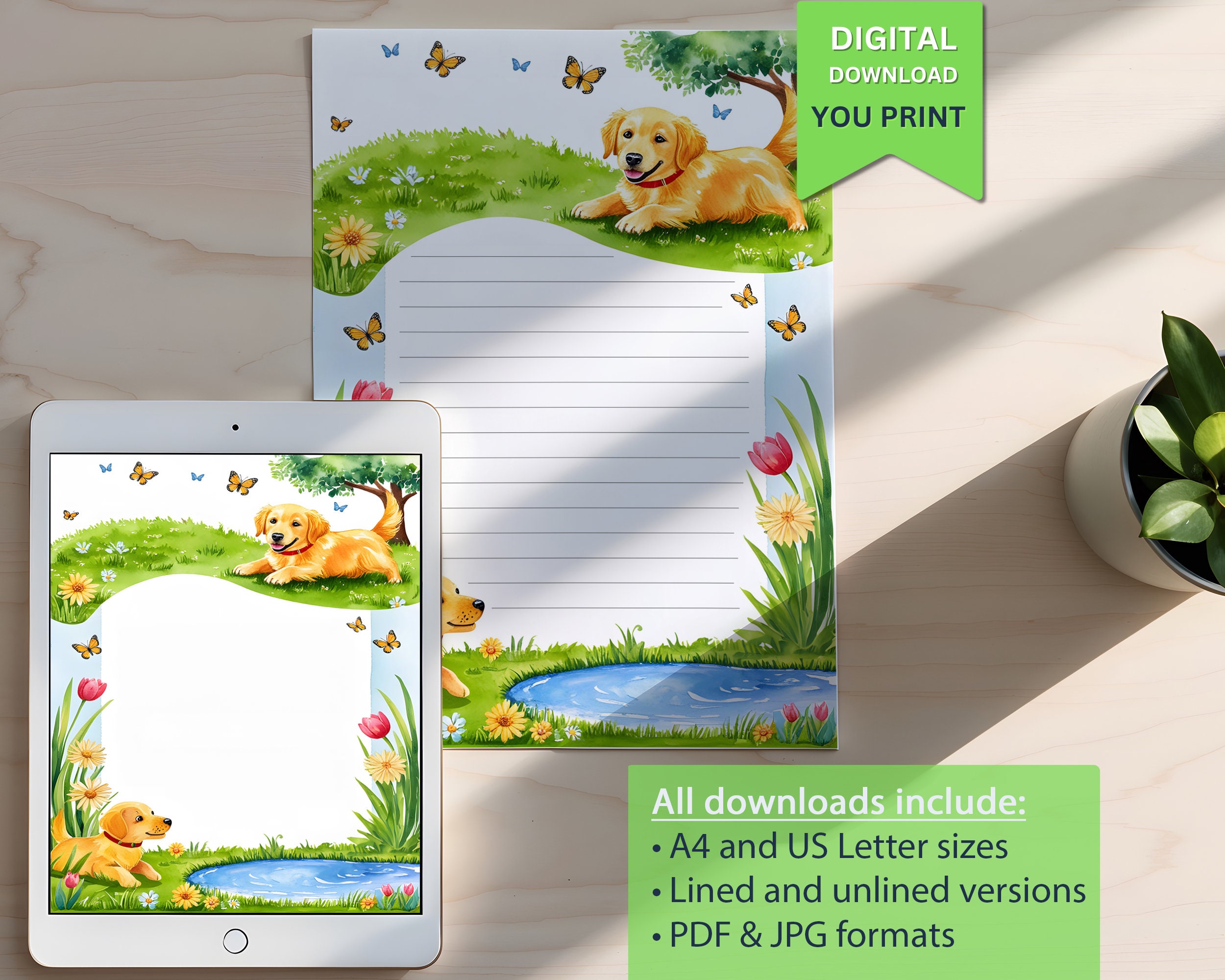 Printable Golden Retriever-themed Writing Paper for Kids – Cute Dog ...