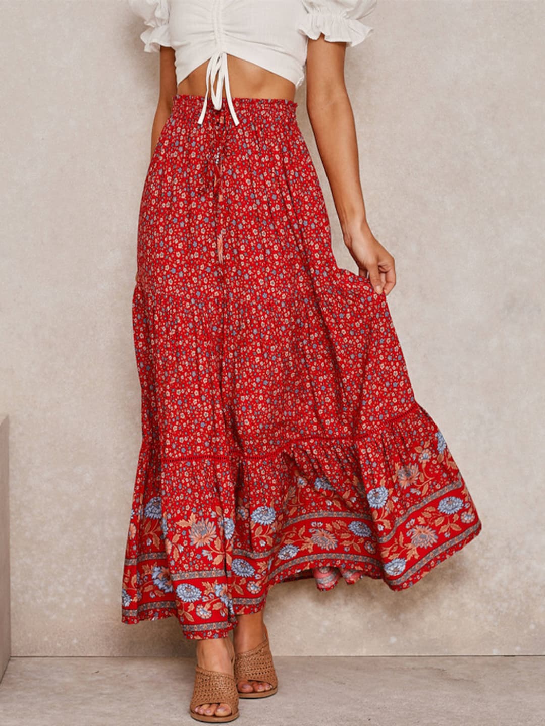 Boho Floral Print Skirt Women Summer Casual Print High Waist Pleated ...