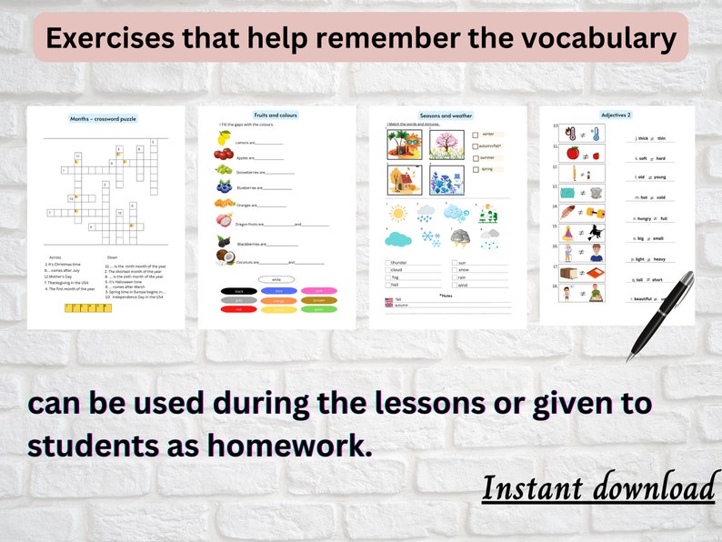 Set of English Study Materials for Beginners, Teaching Aids, Worksheets ...