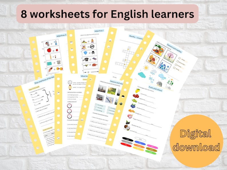 Set of English Study Materials for Beginners, Teaching Aids, Worksheets ...