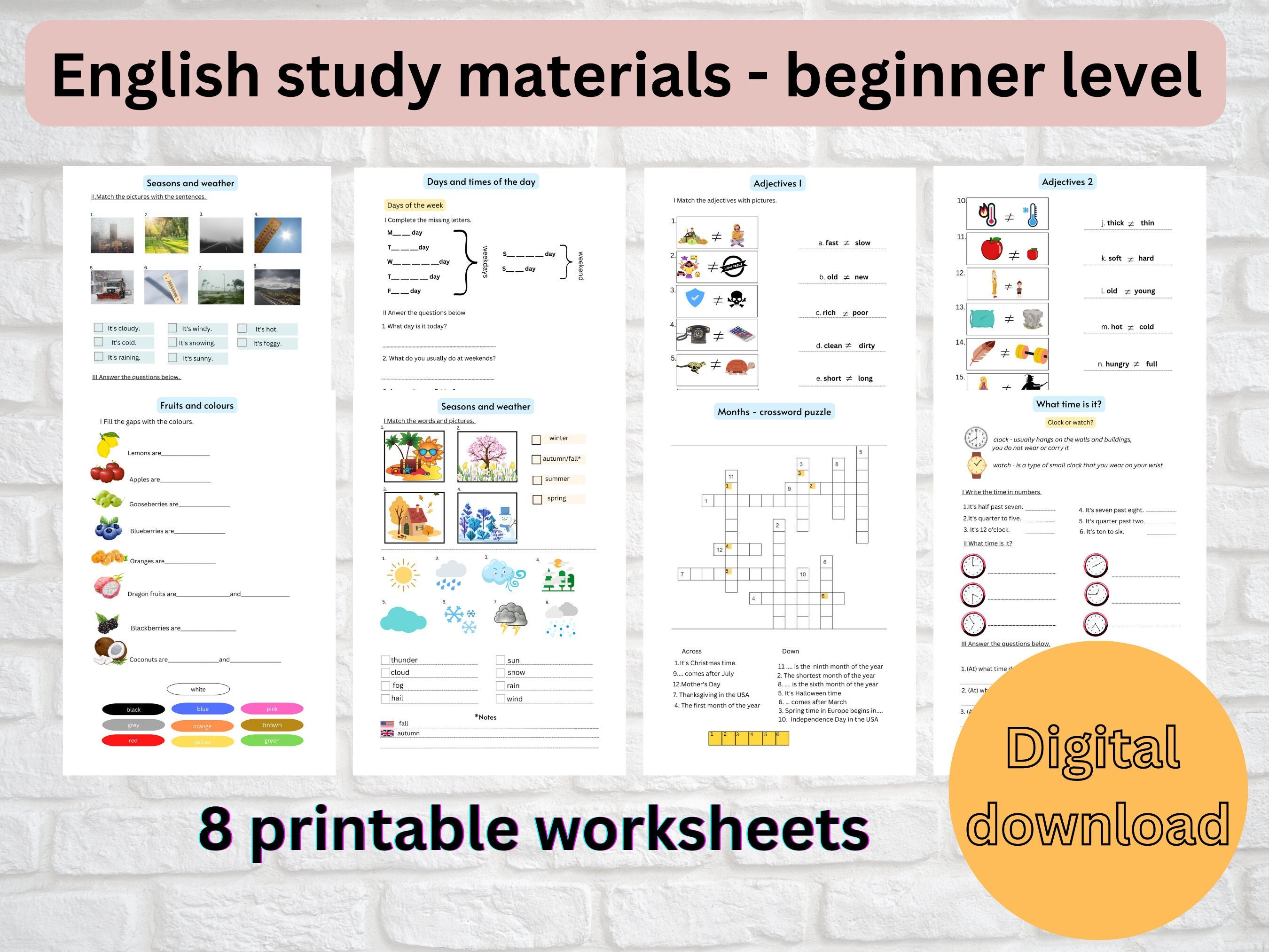 Set of English Study Materials for Beginners, Teaching Aids, Worksheets ...