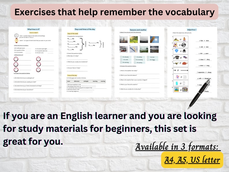 Set of English Study Materials for Beginners, Teaching Aids, Worksheets ...